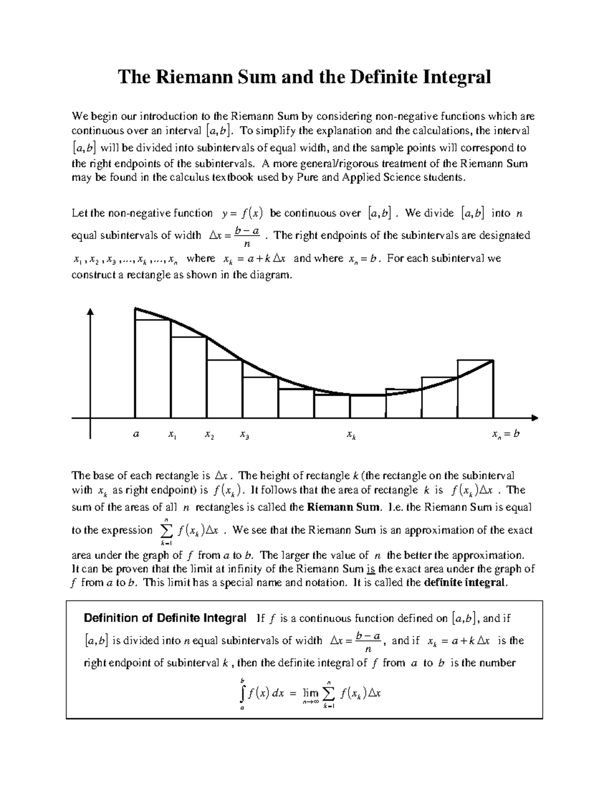 203DW-Riemann Sums - Riemann Sums Review Notes - The Riemann Sum and ...