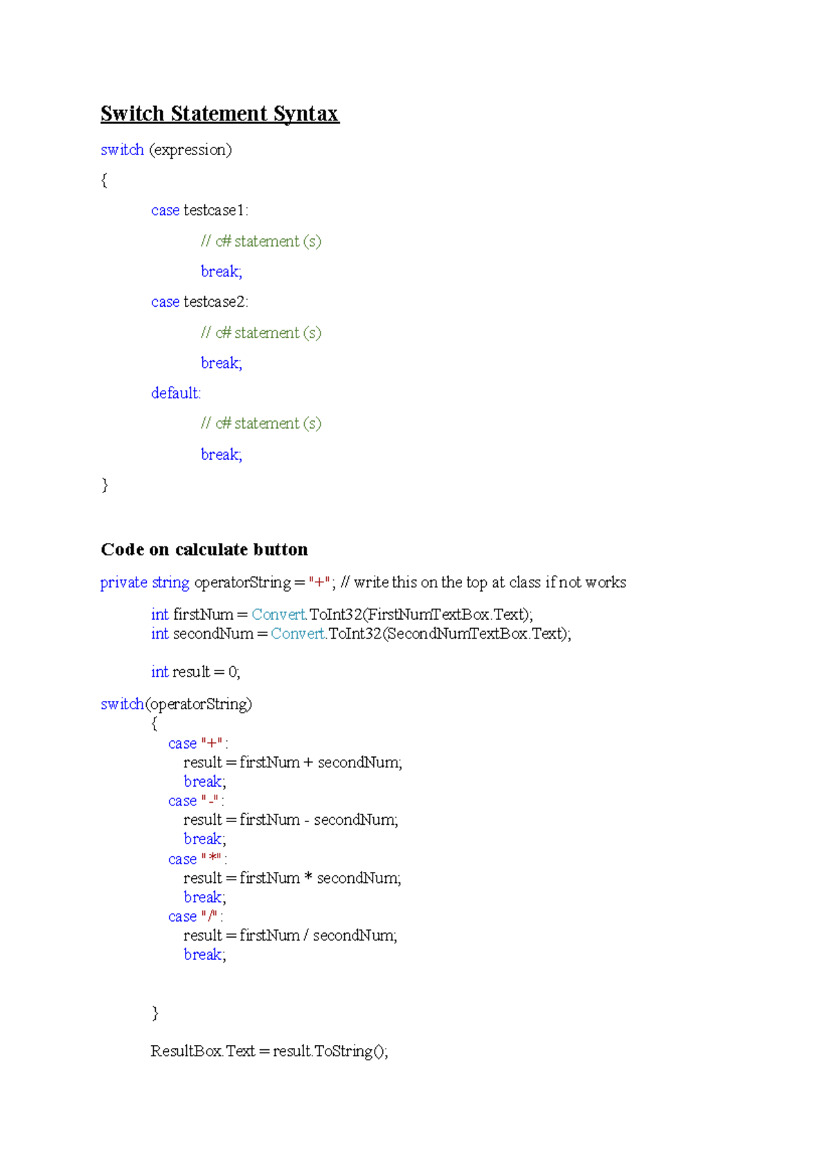 Switch Statement - Studocu