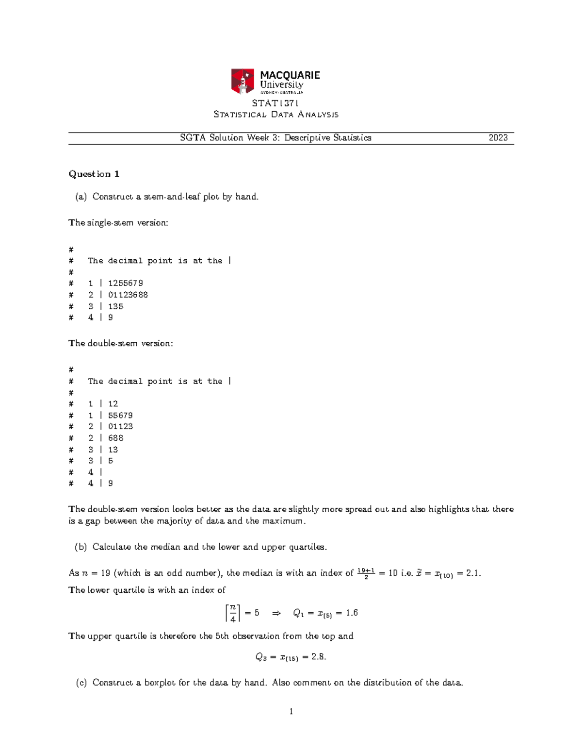 Wk 1 tut solutions - STAT Statistical Data Analysis SGTA Solution Week ...