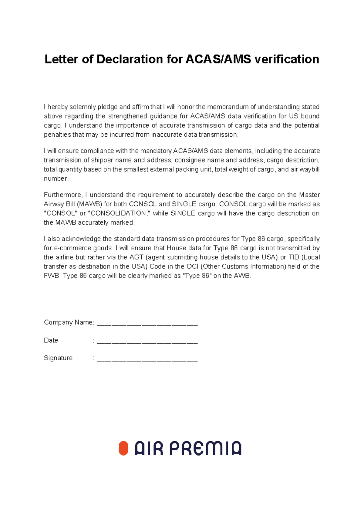 ACAS&AMS Verification - Letter of Declaration for ACAS/AMS verification ...