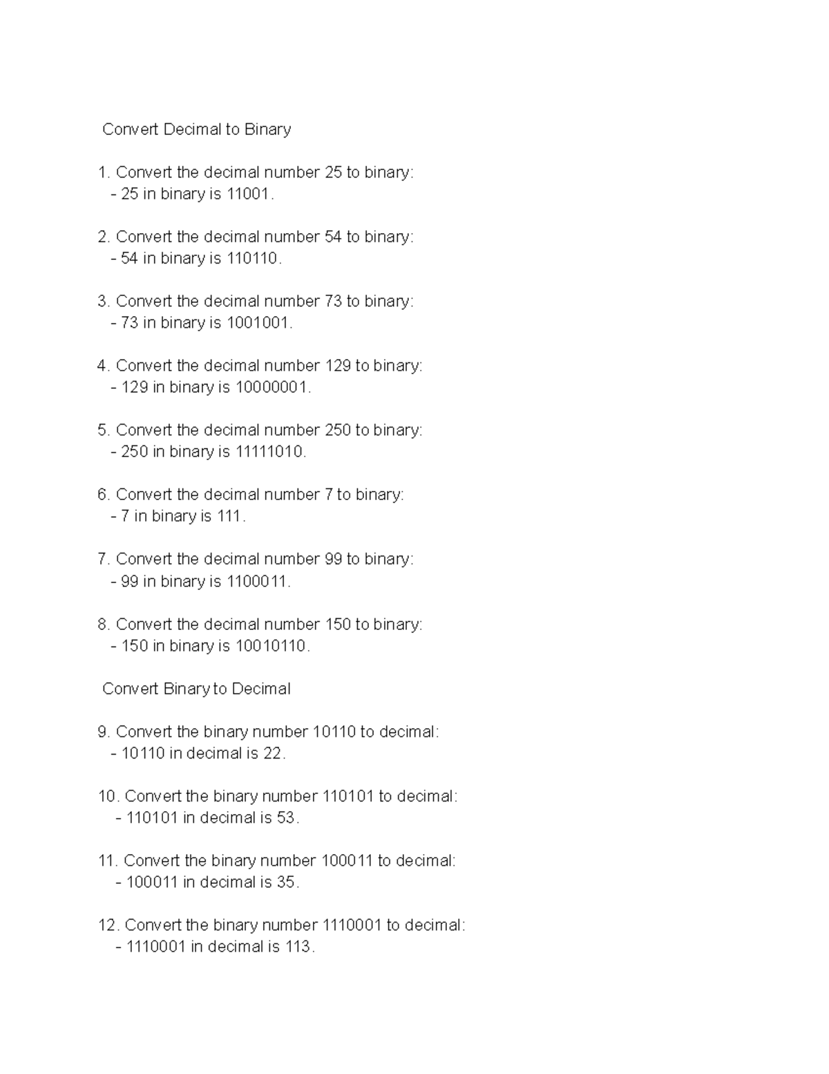 Copy of Unit 1 Test Practice - Convert Decimal to Binary Convert the ...