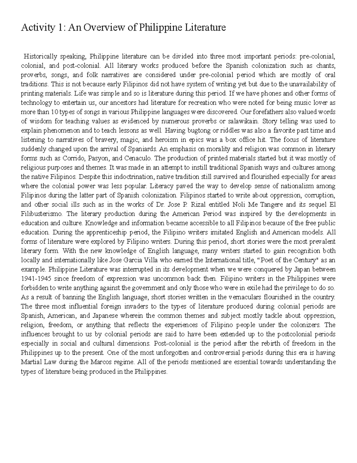 Activity 1 - for readings - Activity 1: An Overview of Philippine ...