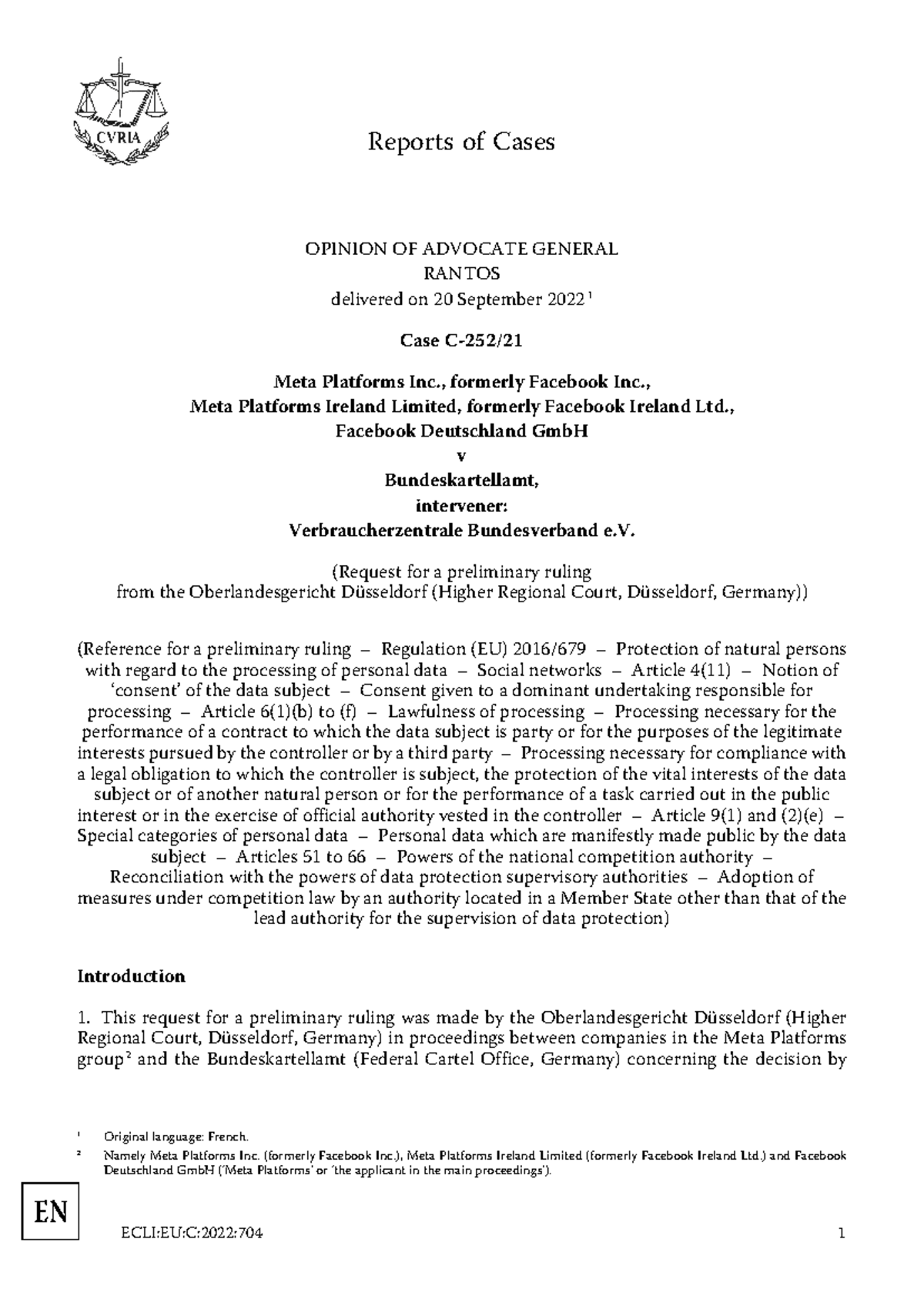 Meta v Dundeskartellamt - OPINION OF ADVOCATE GENERAL RANTOS delivered ...
