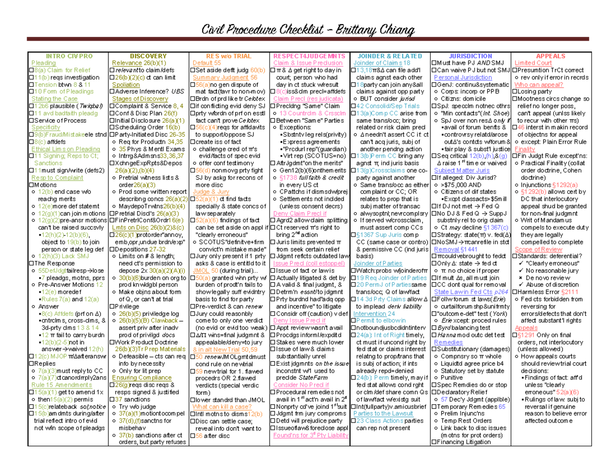 Civ Pro 1 Pg Checklist - Civil Procedure Checklist – Brittany Chiang ...