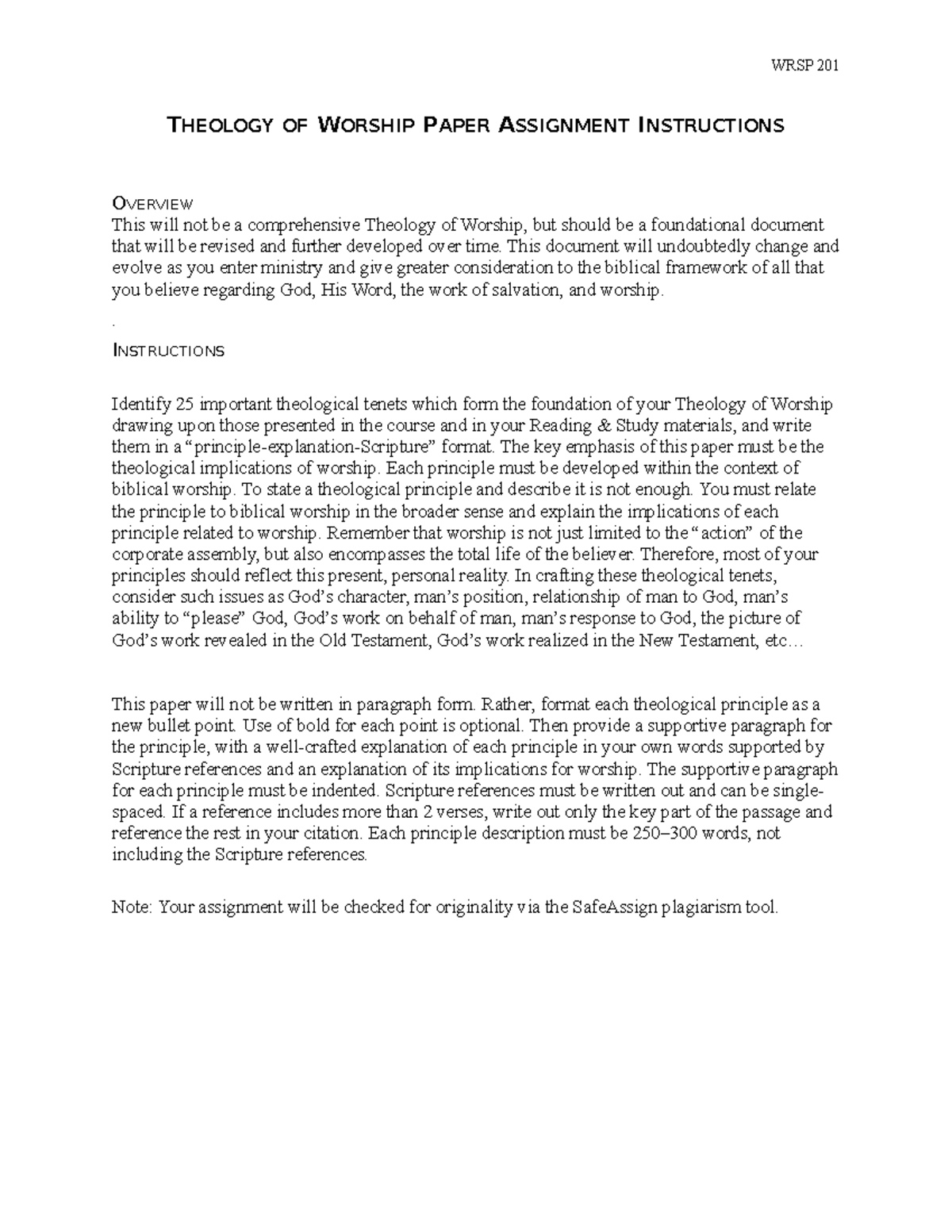 Theology of Worship Paper Assignment Instructions - WRSP 201 THEOLOGY ...