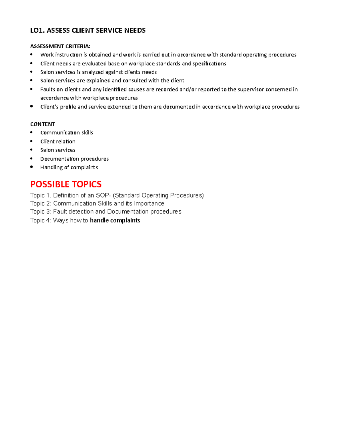 Possibletopics - Little know-how - LO1. ASSESS CLIENT SERVICE NEEDS ...