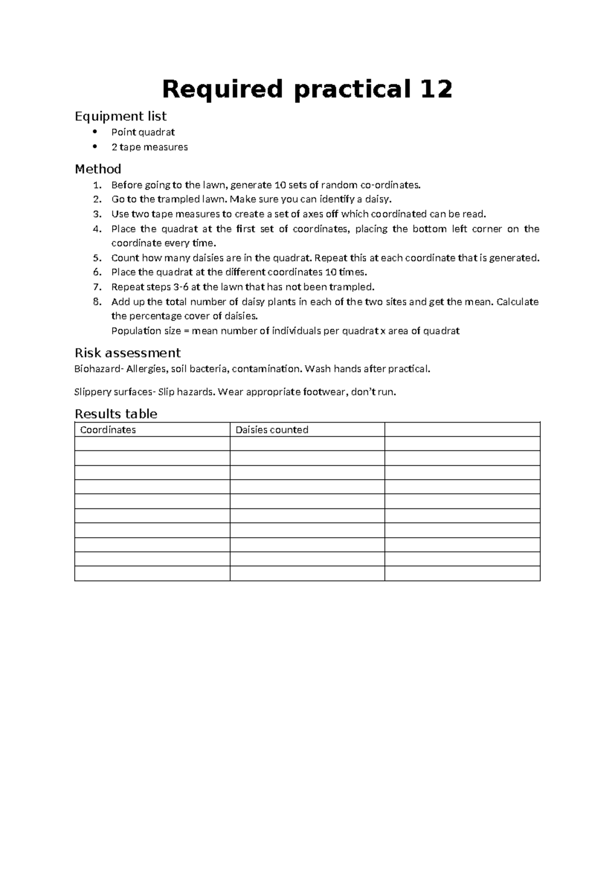 Required practical 12 - Before going to the lawn, generate 10 sets of ...