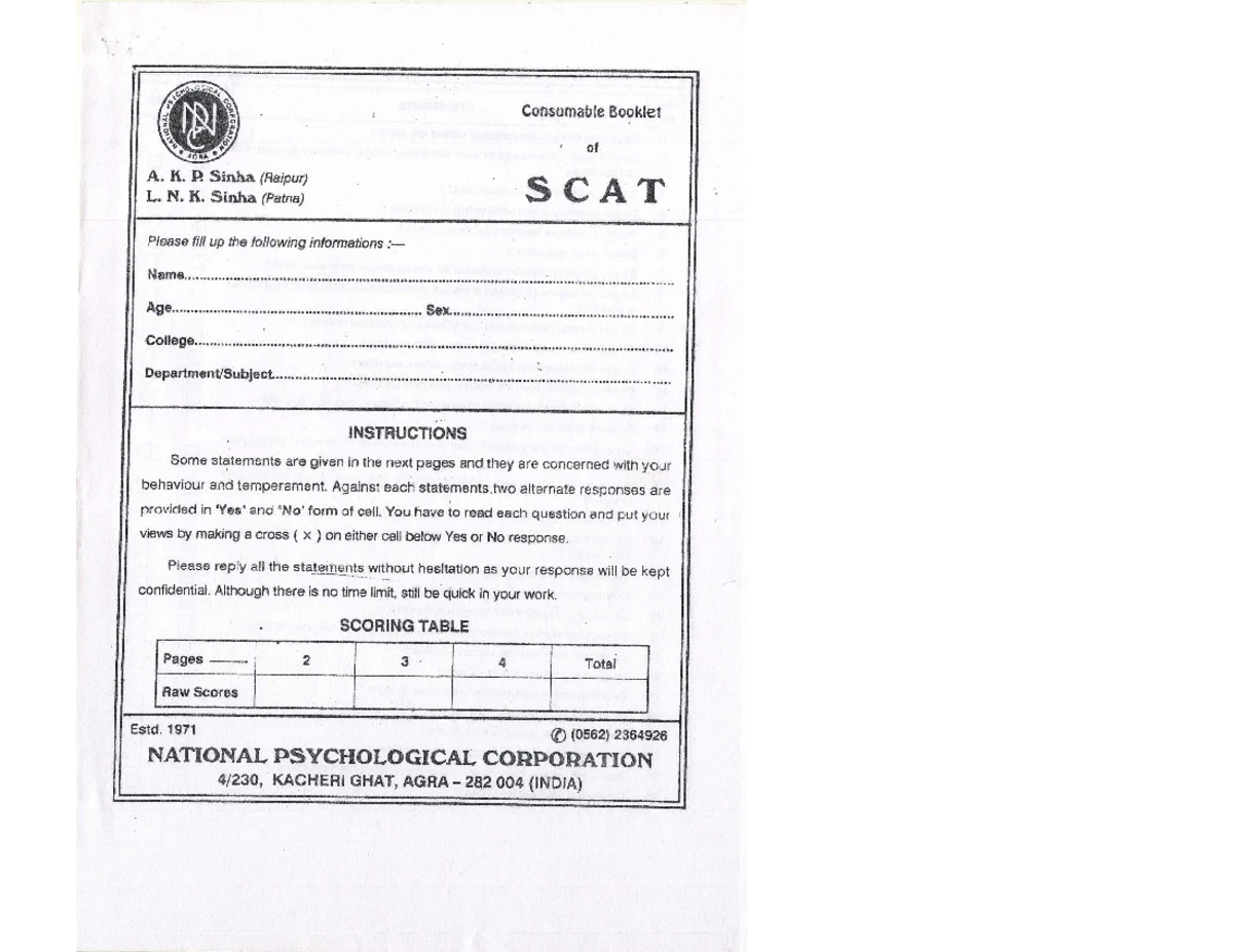 Conduct disorder questionnaire - 'Ii Consumable Booklet i - l ...