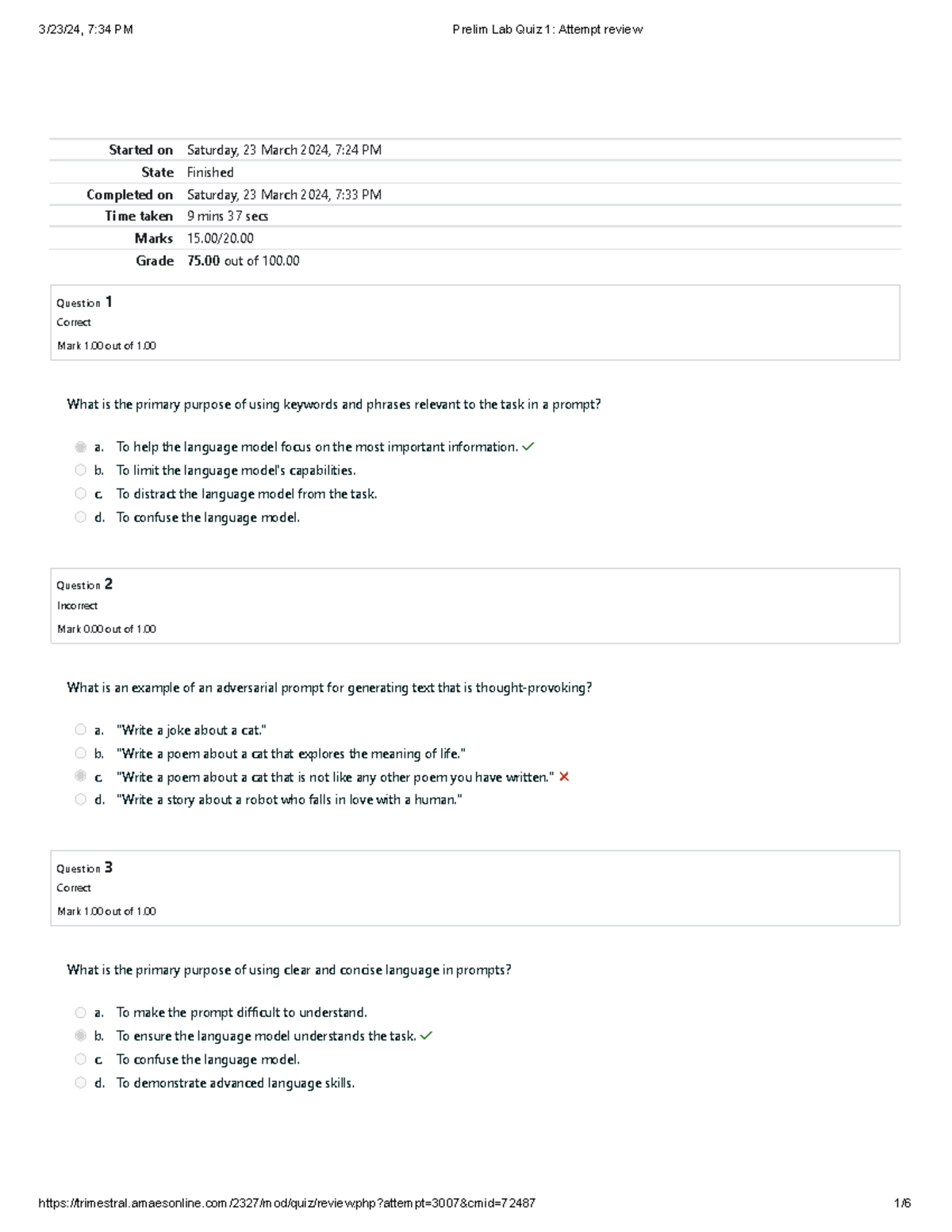 Prelim Lab Quiz 1 Attempt review - Started on Saturday, 23 March 2024, 7:24 PM State Finished ...