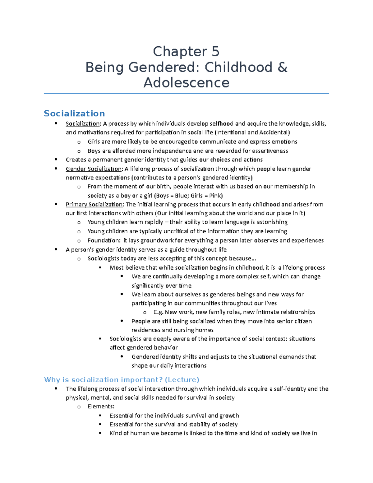 Chapter 5 - notes - Chapter 5 Being Gendered: Childhood & Adolescence ...