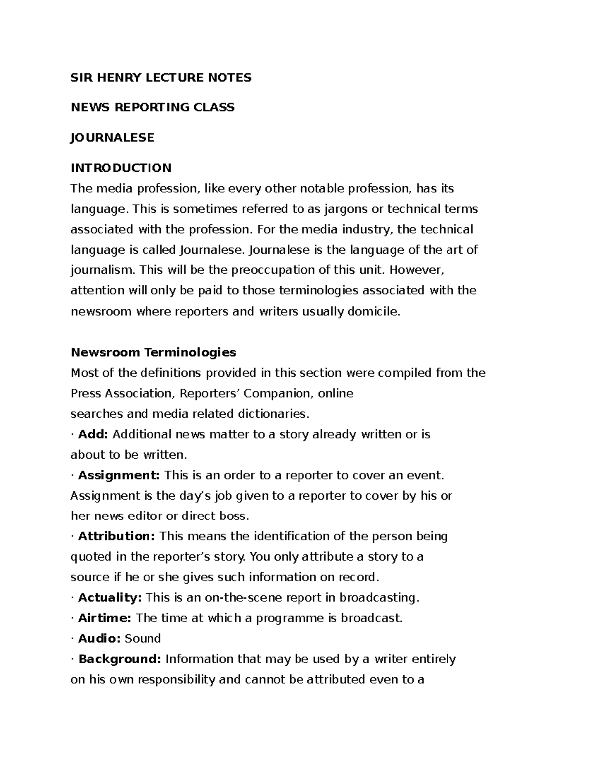 NEWS Reporting Class Journalese - SIR HENRY LECTURE NOTES NEWS ...