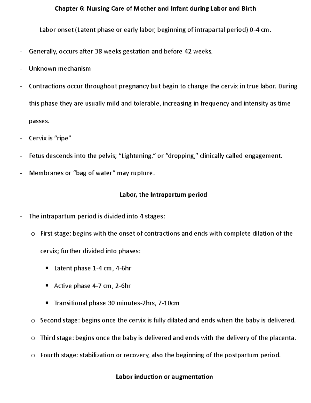 Ch.6 OB - Chapter 6: Nursing Care of Mother and Infant during Labor and ...