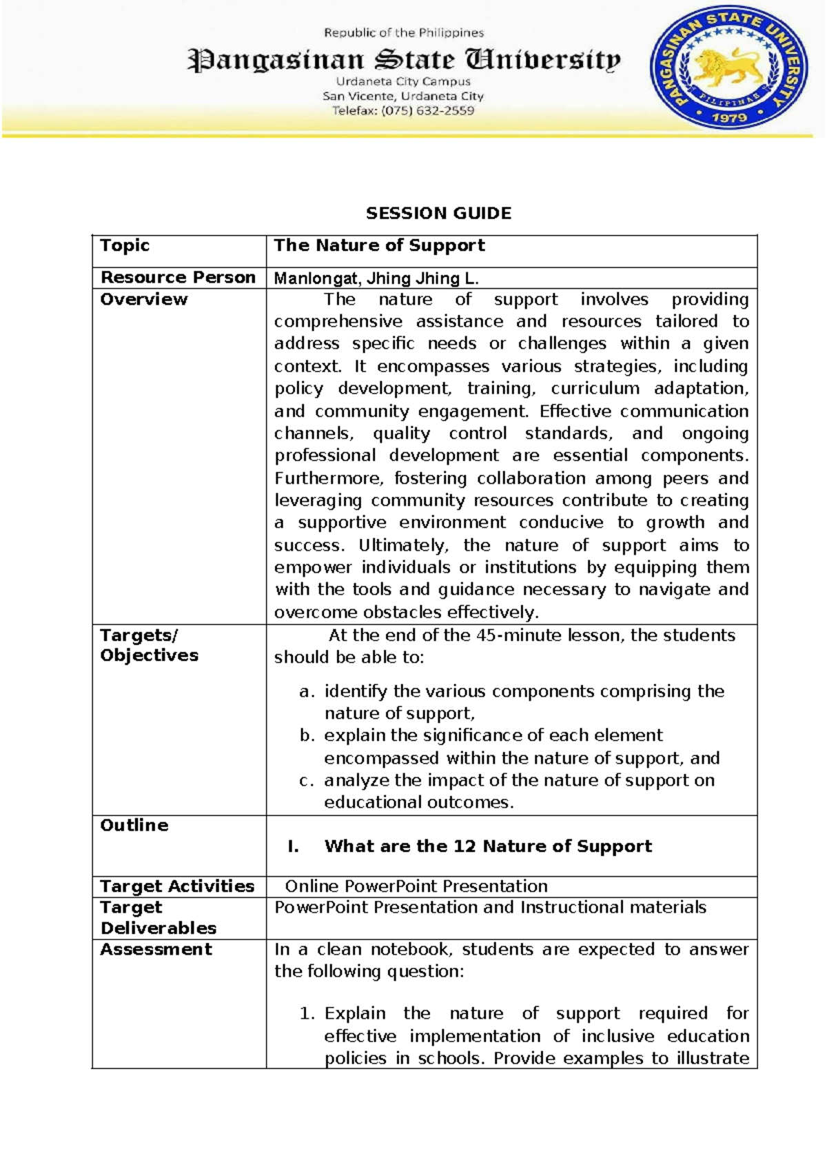 UNIT 7- Session Guide- Manlongat-2 - SESSION GUIDE Topic The Nature of ...