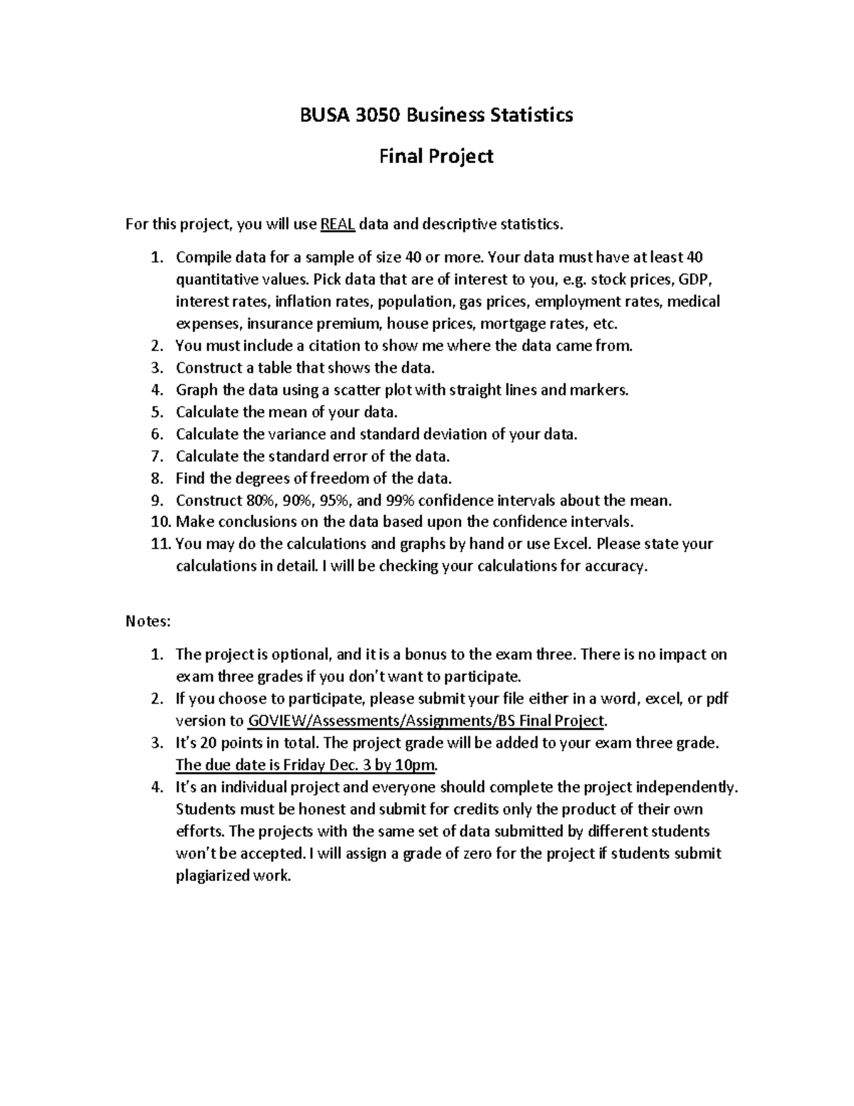 BUSA 3050 Business Statistics Final Project - MATH 3325 - Studocu