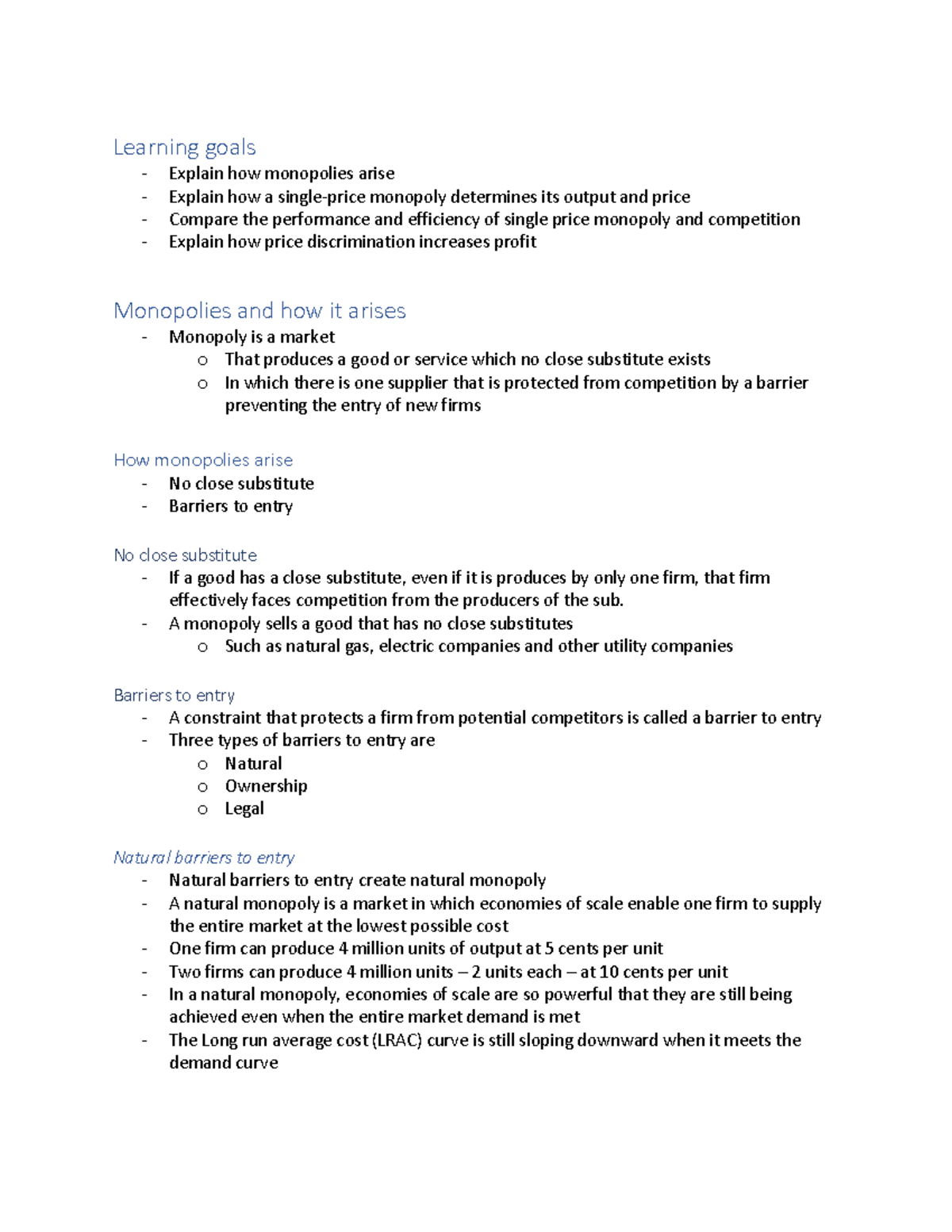 Econ chapter 12 notes - Learning goals Explain how monopolies arise ...