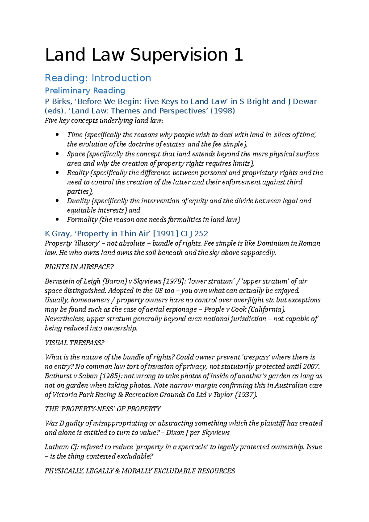 Notes Land Law Supervision 1 - Land Law Supervision 1 Reading ...