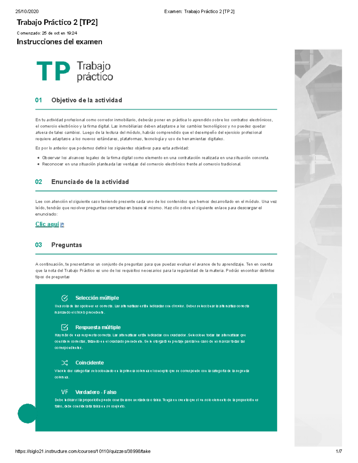 Examen Trabajo Práctico 2 [TP2] Informatica Juridica 70 - Trabajo Prácco 2 [TP2] Comenzado: 25 ...