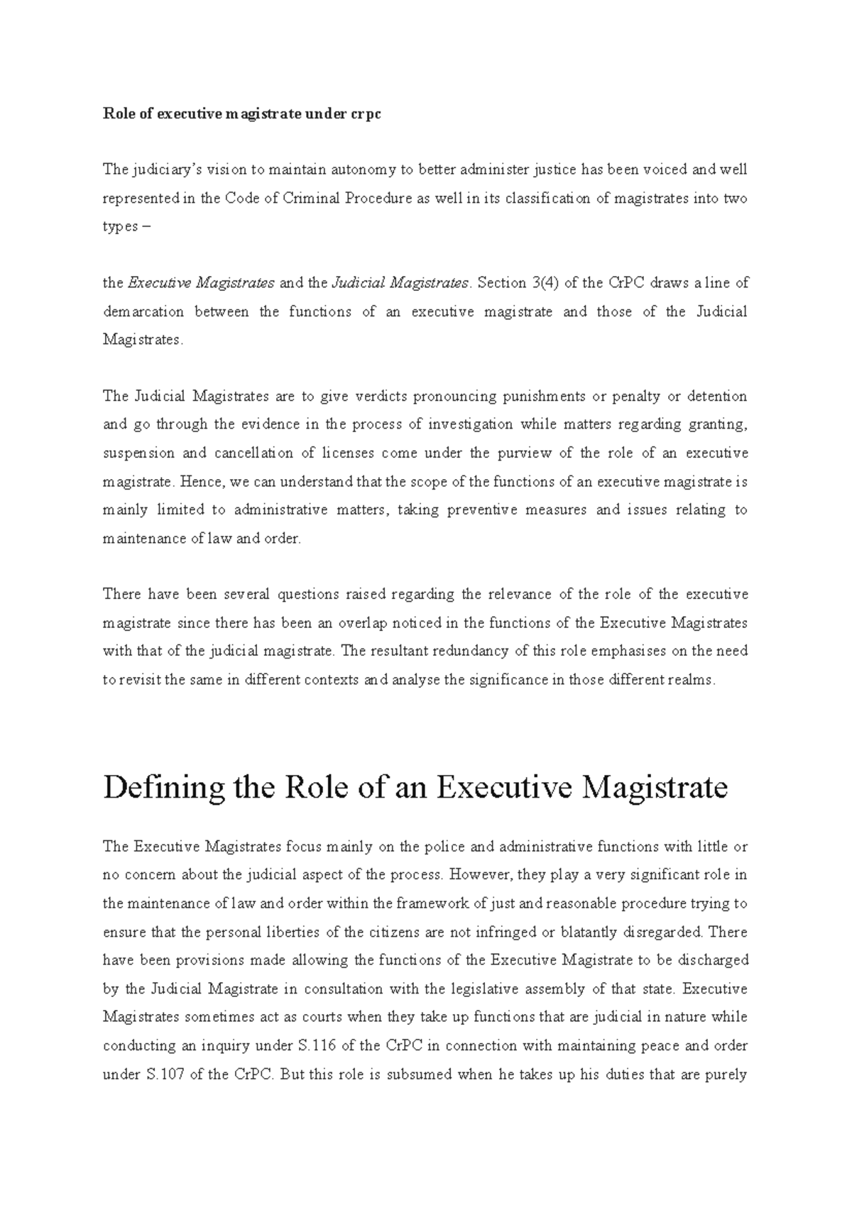 Role of executive magistrate under crpc as well as its power the ...