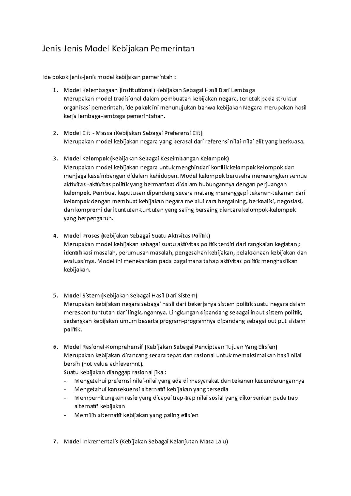 Jenis-Jenis Model Kebijakan Pemerintah - Model Elit - Massa (Kebijakan ...