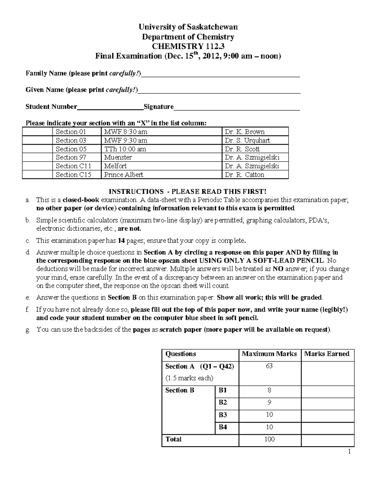 Sample Final Exam - University of Saskatchewan Department of Chemistry ...