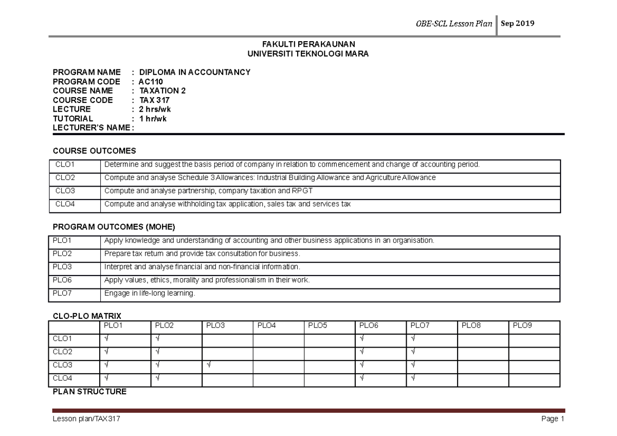 TAX317 OBE Lesson Plan - FAKULTI PERAKAUNAN UNIVERSITI TEKNOLOGI MARA ...
