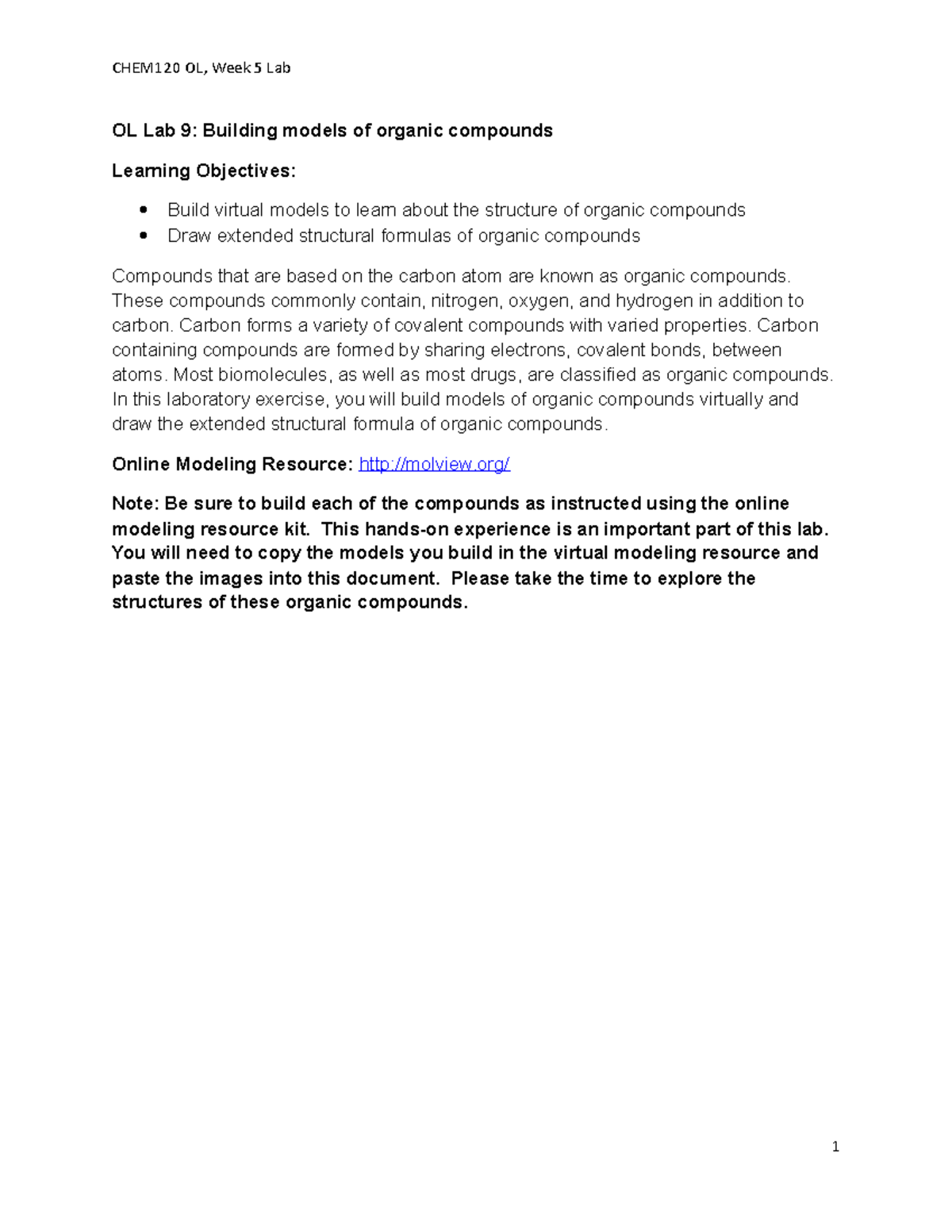 Week 5 Lab- Organic Chemistry - OL Lab 9: Building models of organic ...