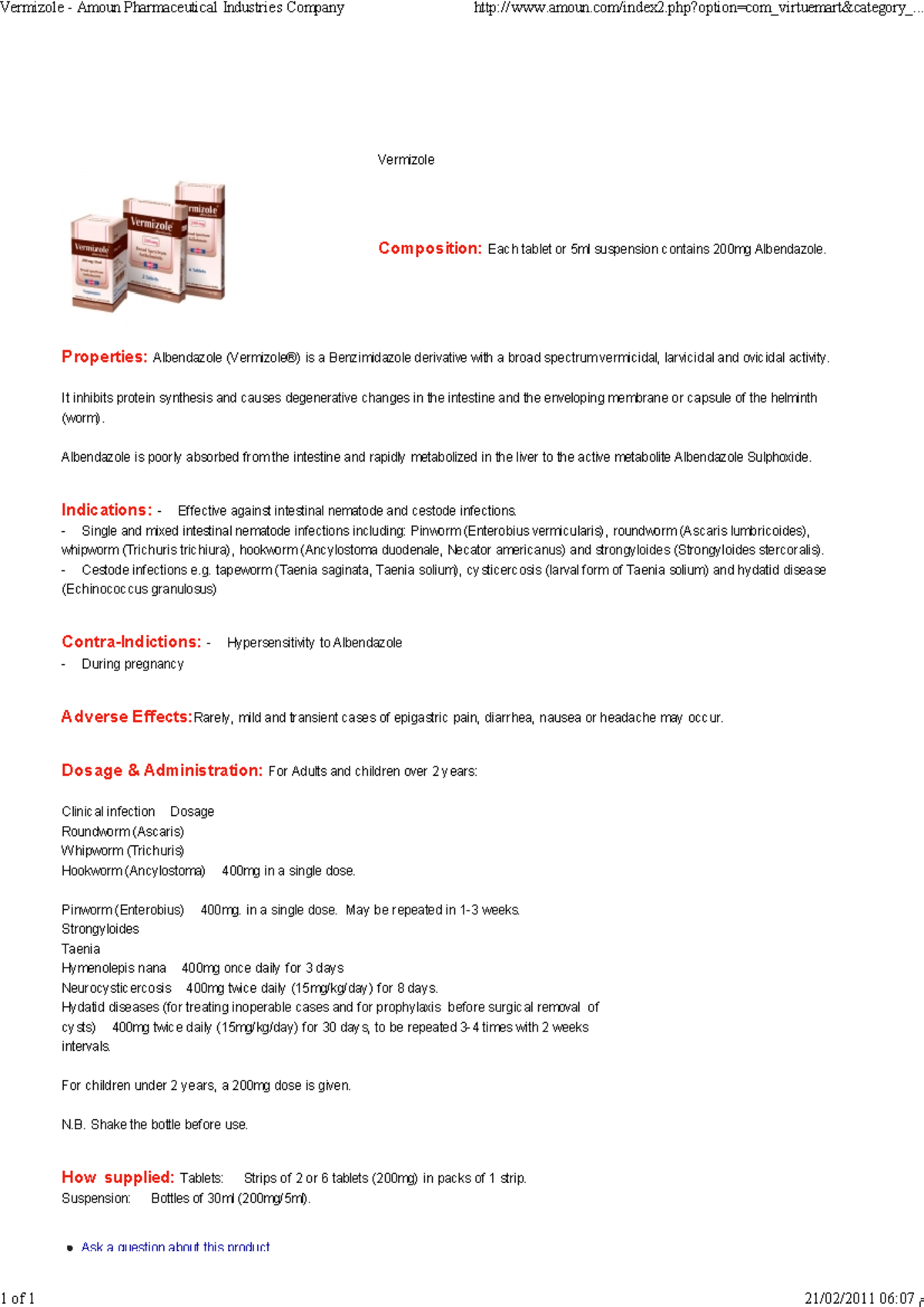 Vermizole - Pharmacology - Vermizole Composition: Each tablet or 5ml ...