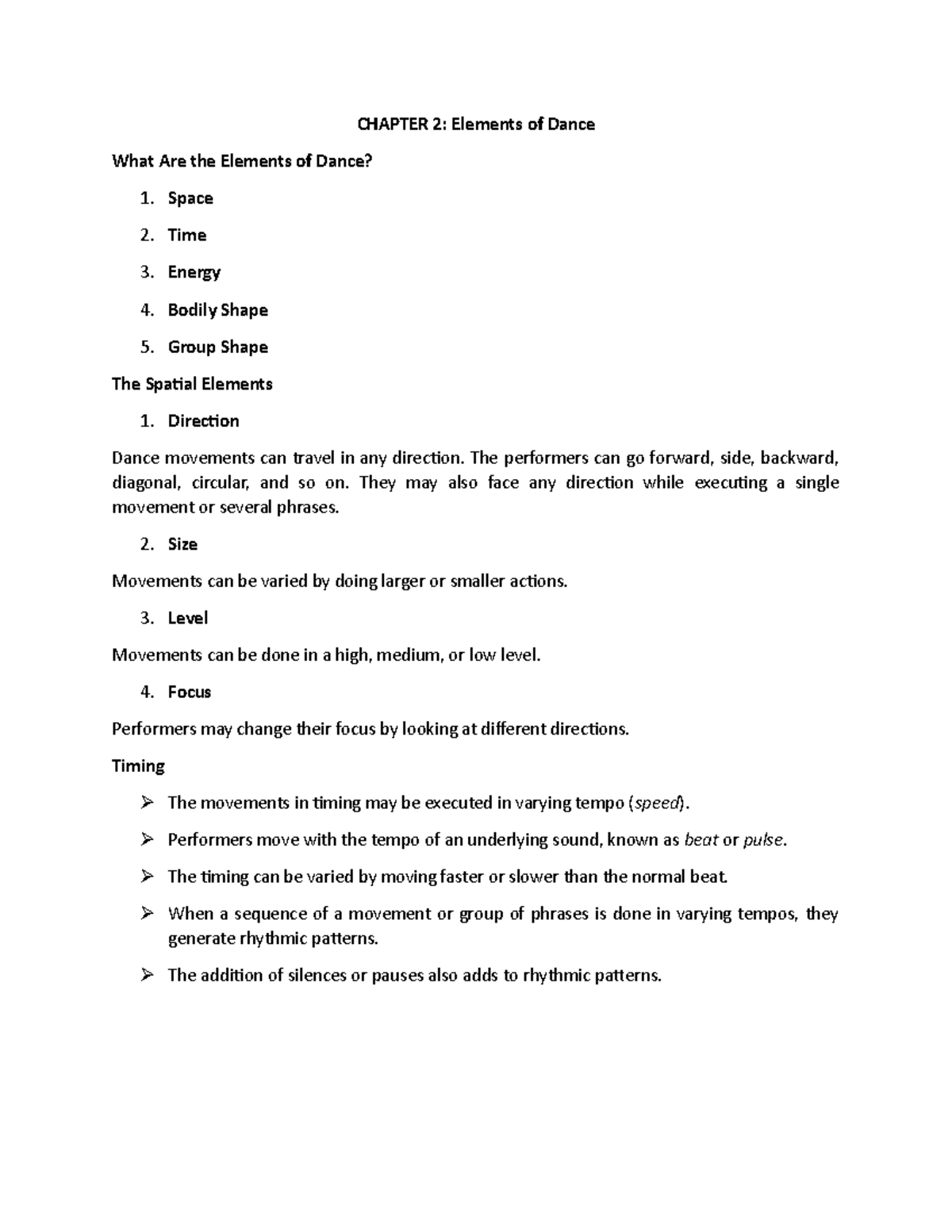 Elements of Dance - Lecture notes 1 - CHAPTER 2: Elements of Dance What ...