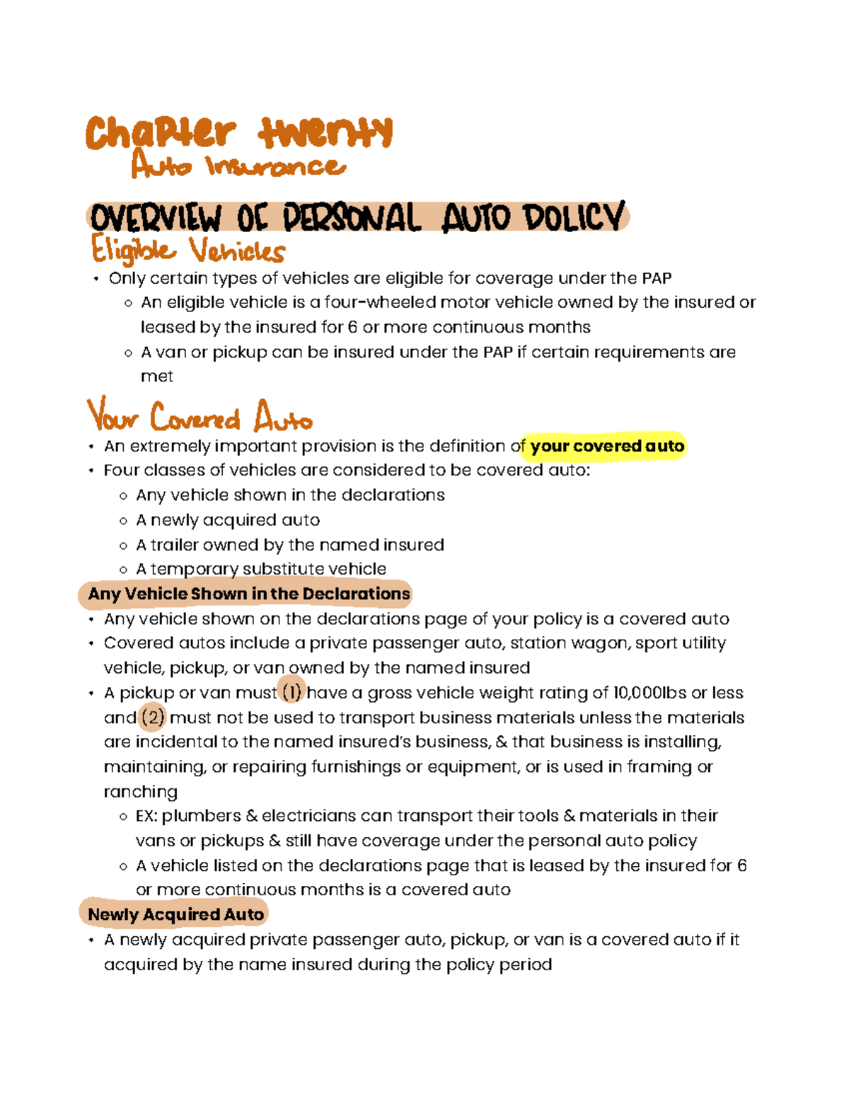 Auto Insurance - Chapter 20 book notes - Chapter twenty Auto Insurance ...