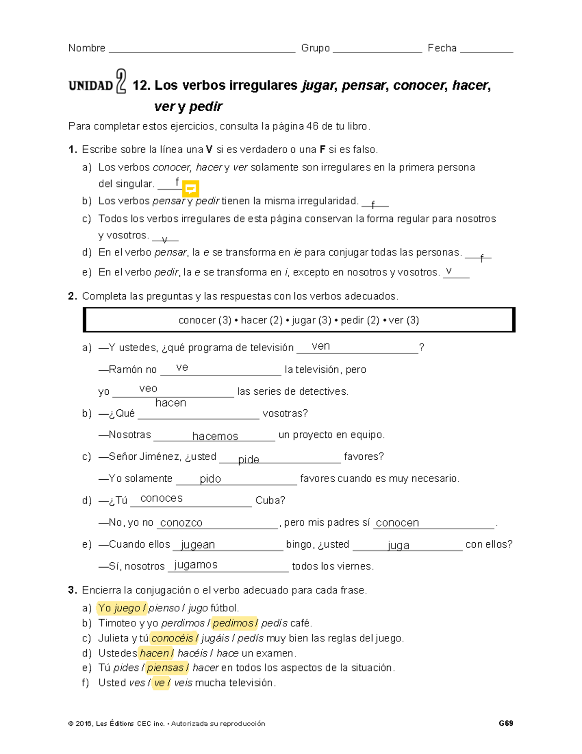 Encuentros 1 U2 recursos 12 verbos irregulares - Nombre Grupo Fecha ...