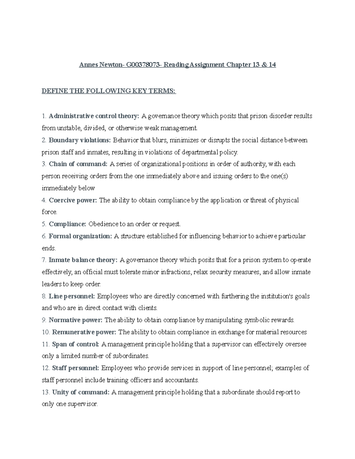 Corrections reading assignment chapter 13 and 14 - Annes Newton- G00378073- Reading Assignment ...