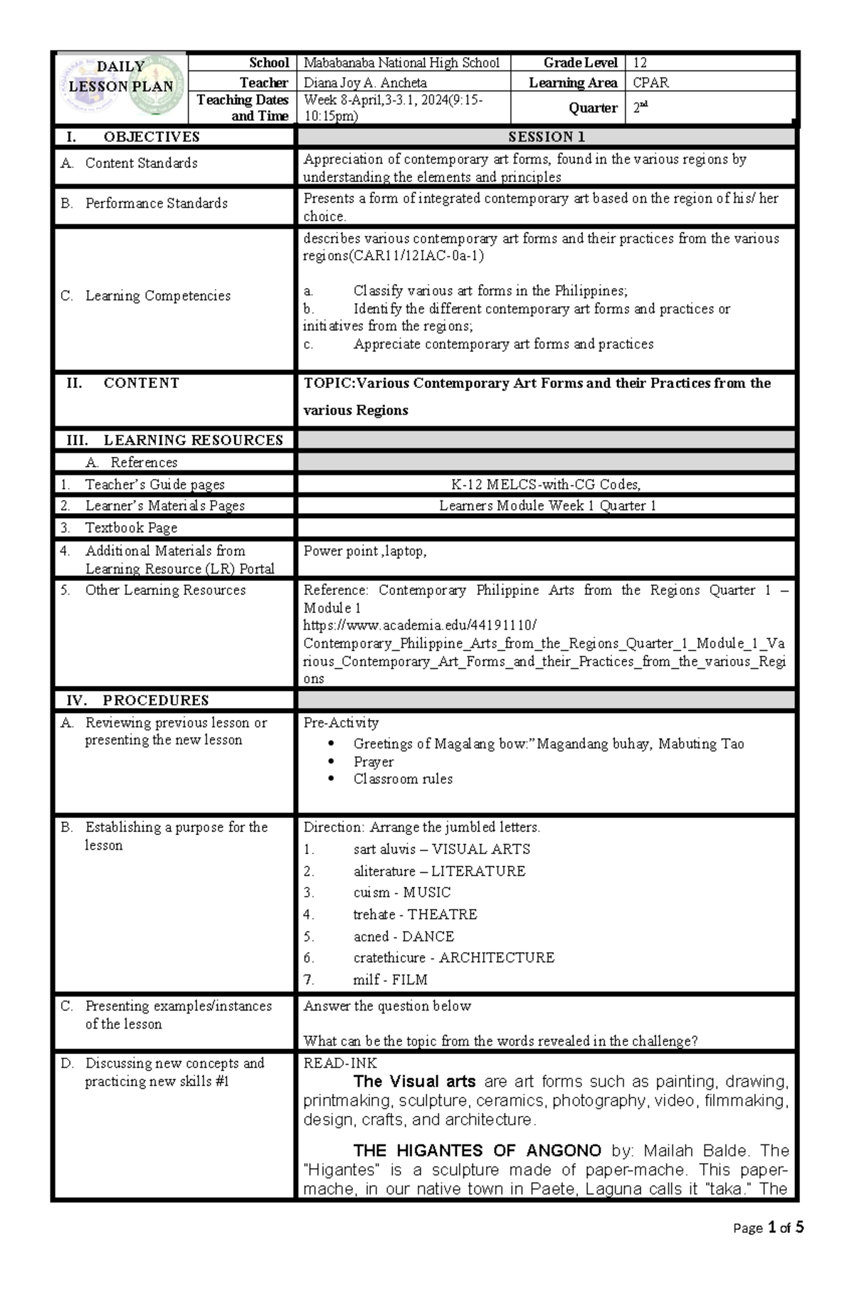 Cpardlp - NOTES - School Mababanaba National High School Grade Level 12 ...