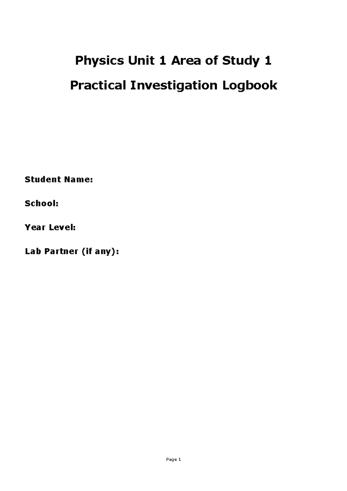 Year 11 Logbook Template for students 2024 - Physics Unit 1 Area of ...