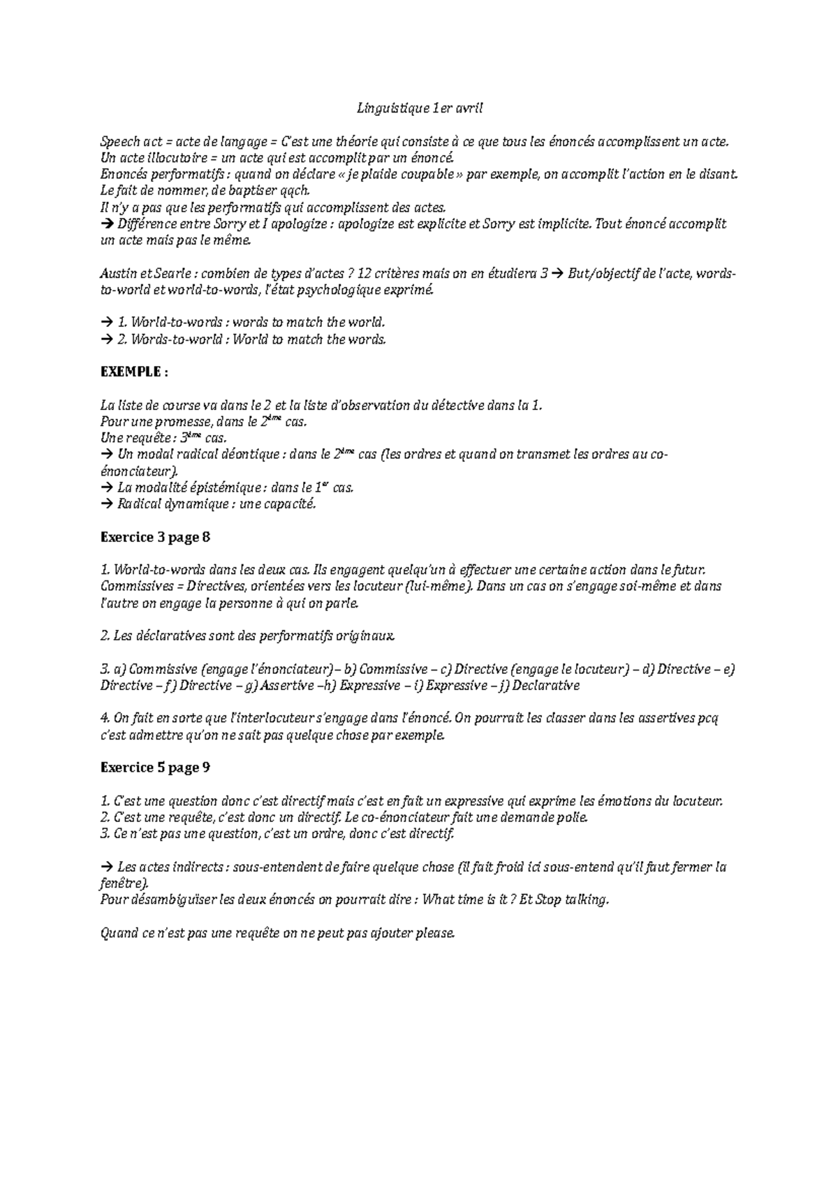 Linguistique 1er avril - Linguistique 1er avril Speech act = acte de ...