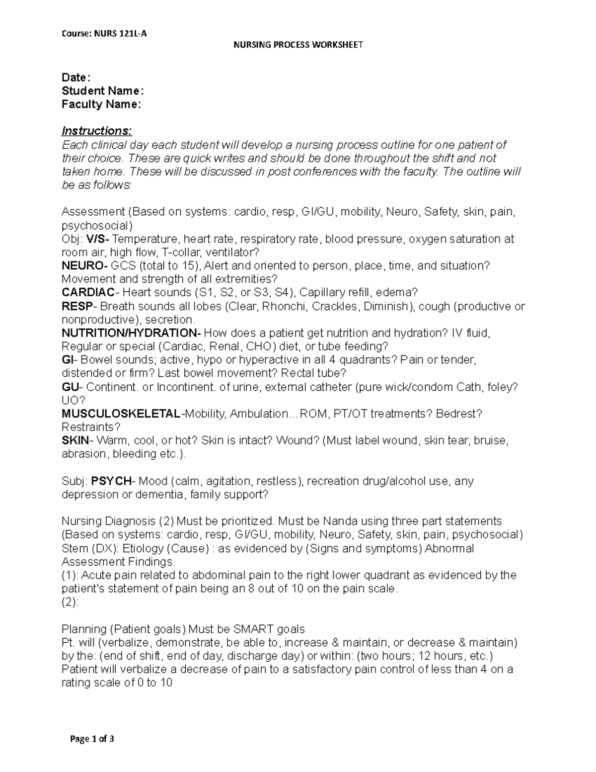 NP - Nursing Process - Course: NURS 121L-A NURSING PROCESS WORKSHEET ...