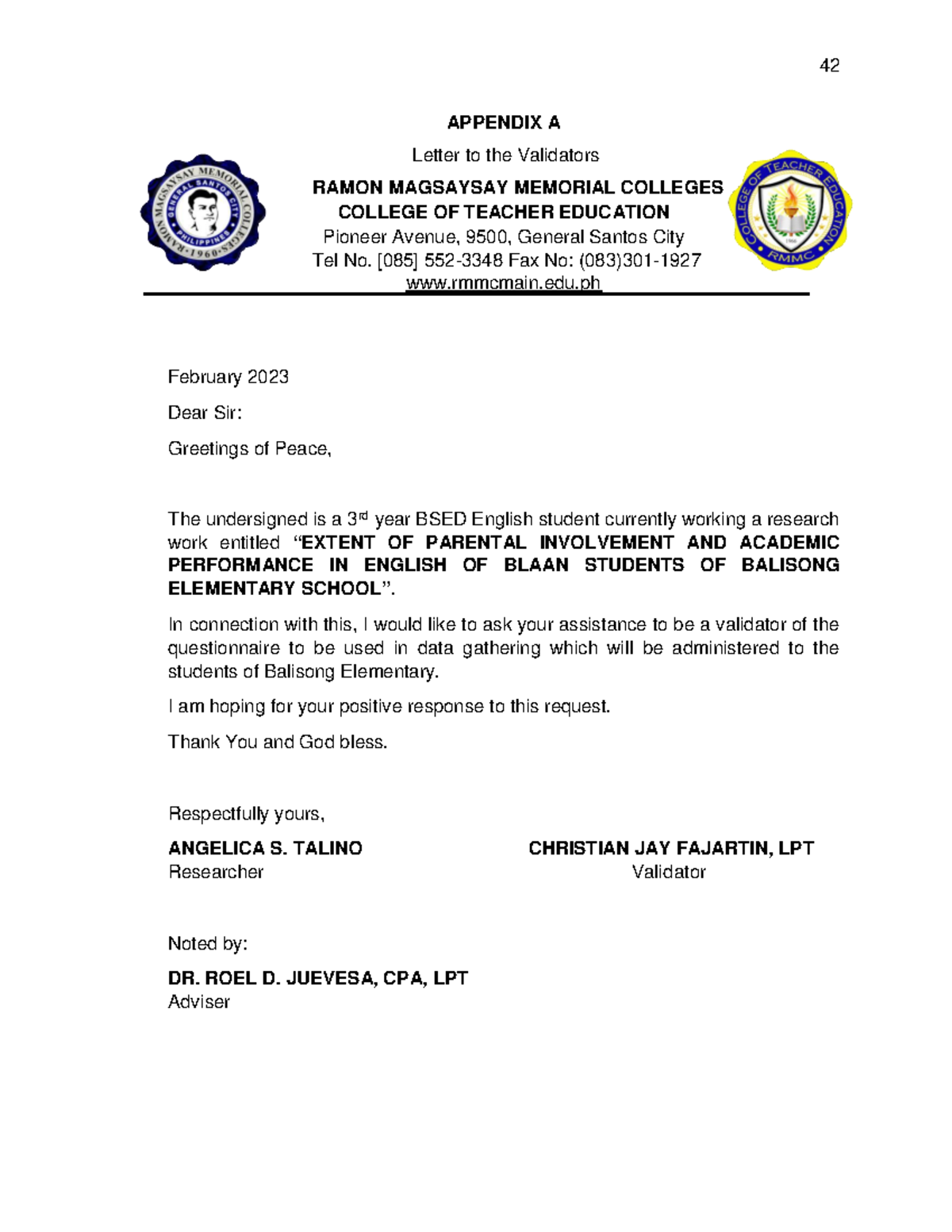 Appendices - Nothing - APPENDIX A Letter to the Validators RAMON ...