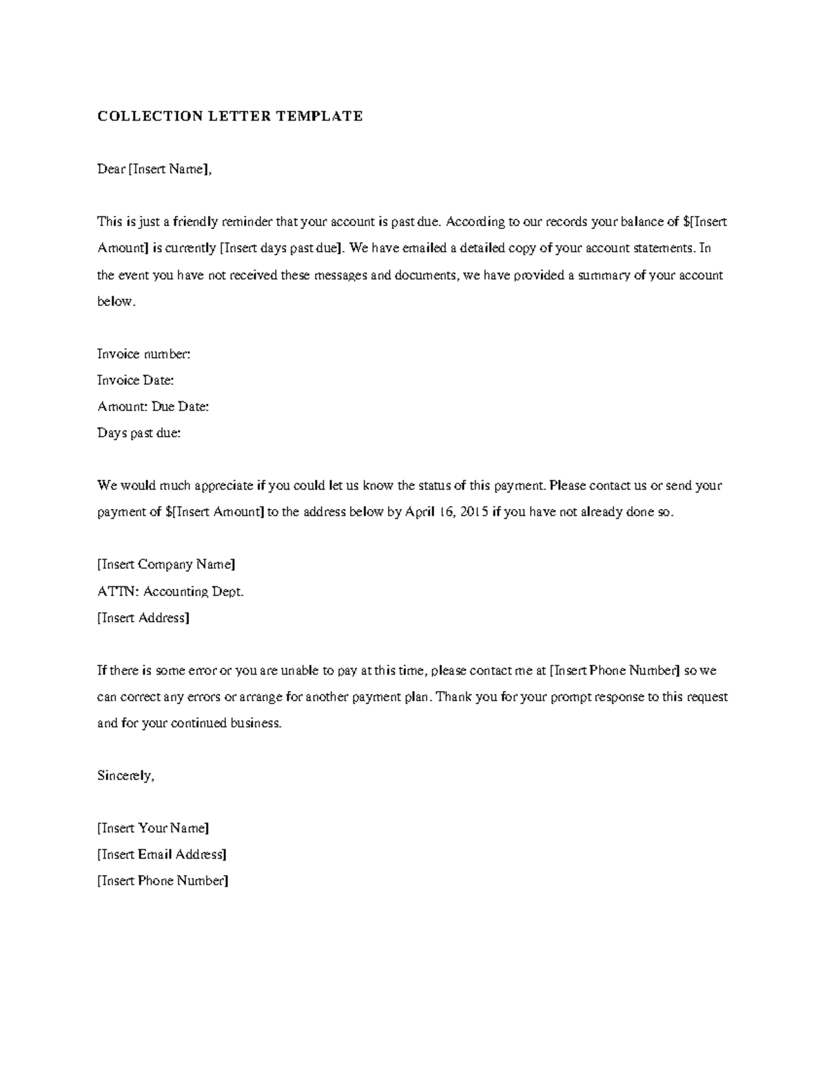 Strong Collection Letter 2 - COLLECTION LETTER TEMPLATE Dear [Insert ...