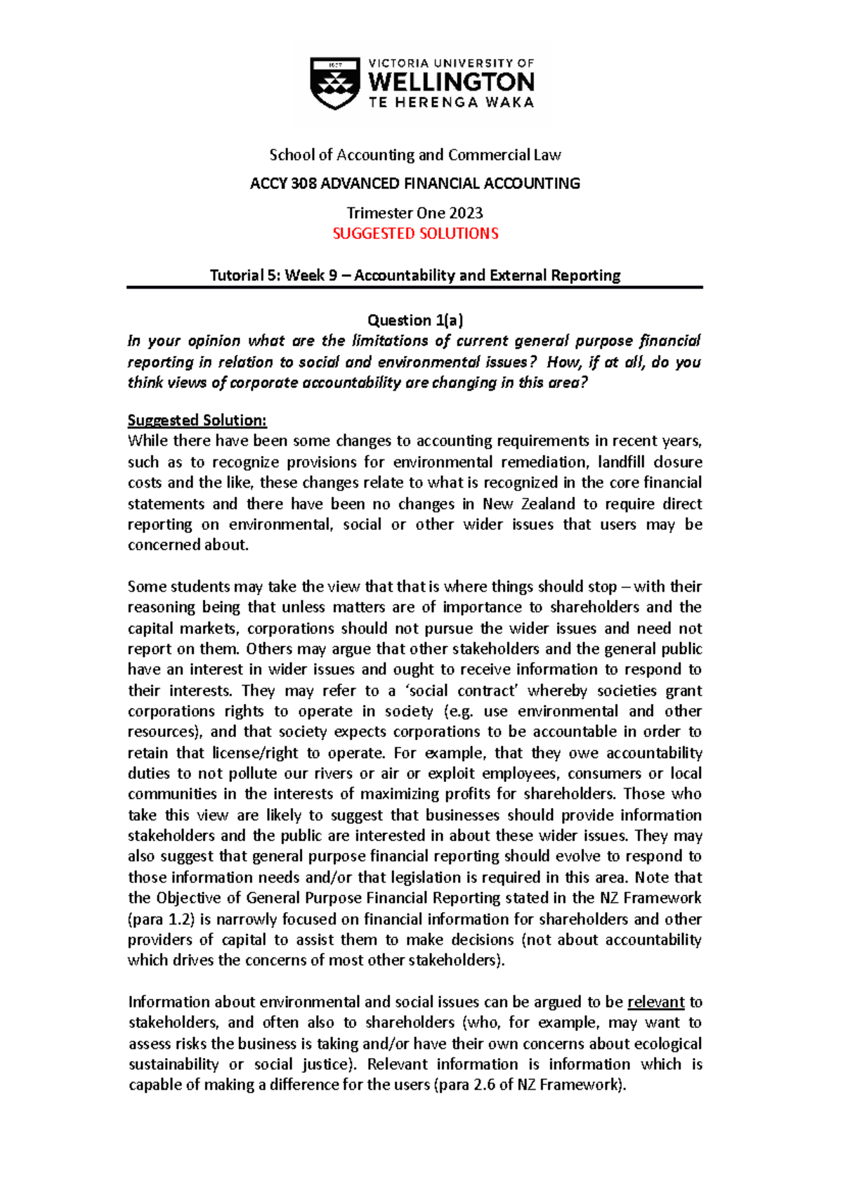 Tutorial 5 Solutions - School of Accounting and Commercial Law ACCY 308 ...