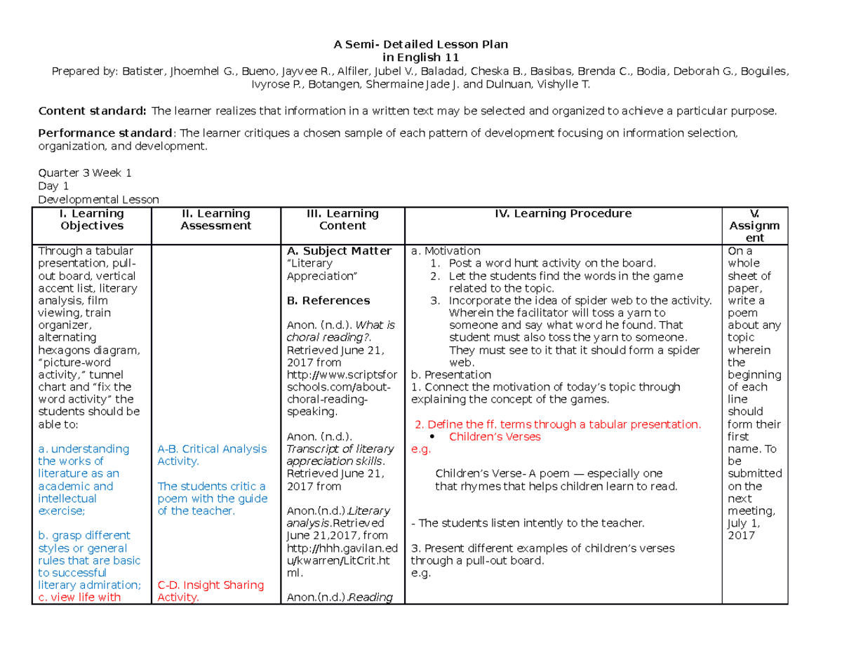 A Semi Detailed Lesson Plan Literary Criticism - A Semi- Detailed ...