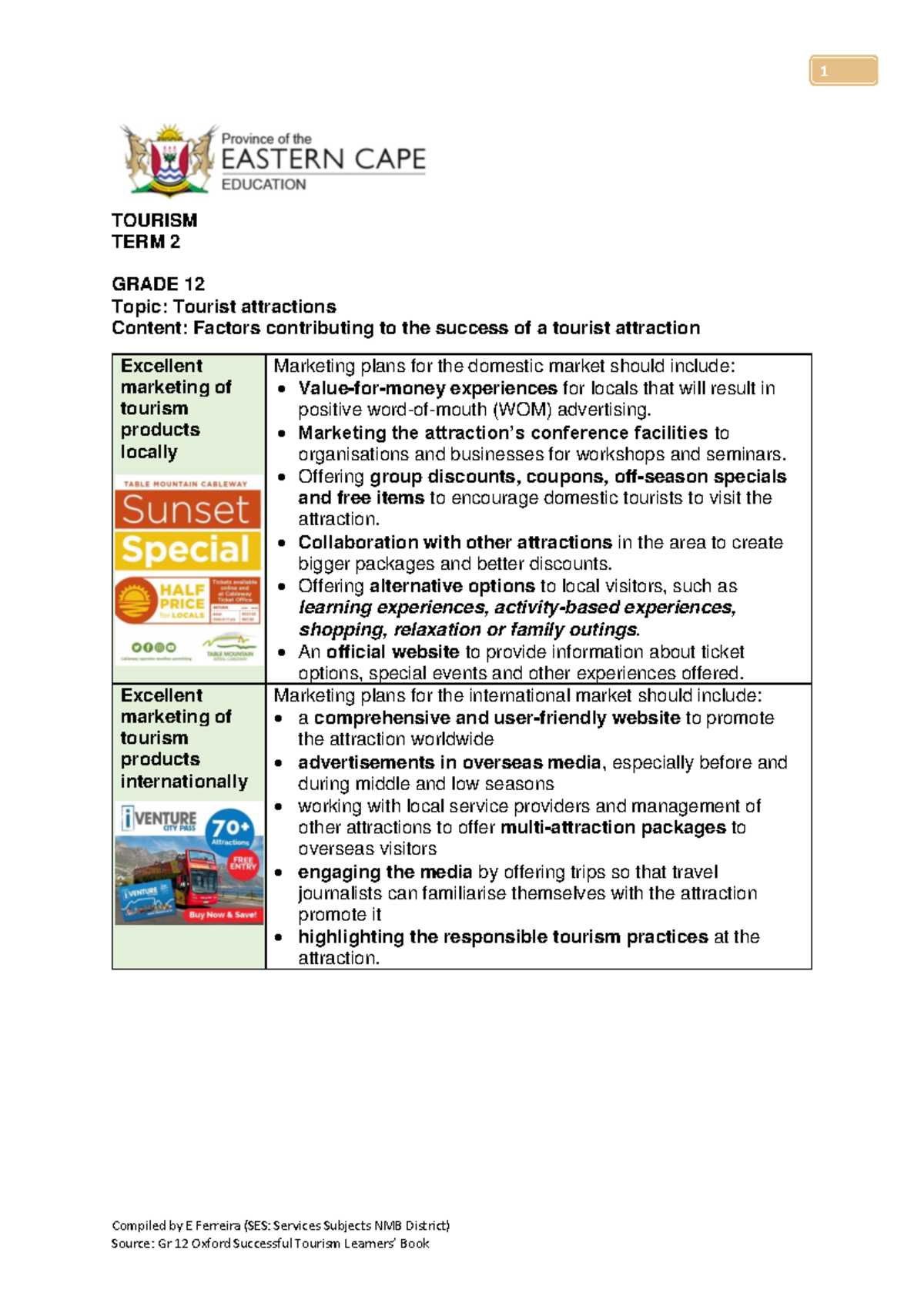 Factors contributing to a successful tourism attraction Gr 12 Tourism ...