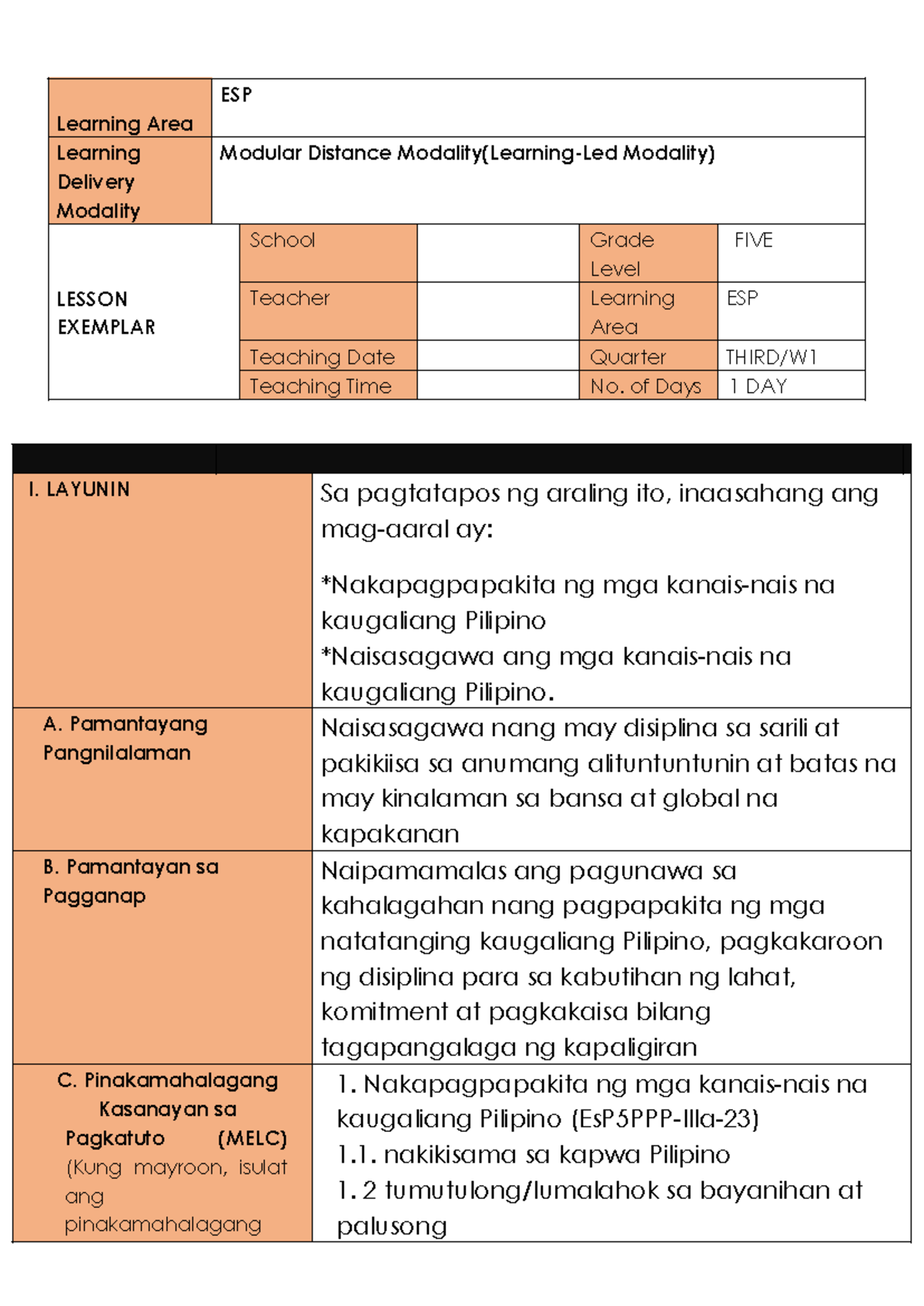 ESP 5 Q3 W1 - Sample Lesson Plan - Learning Area ESP Learning Delivery ...