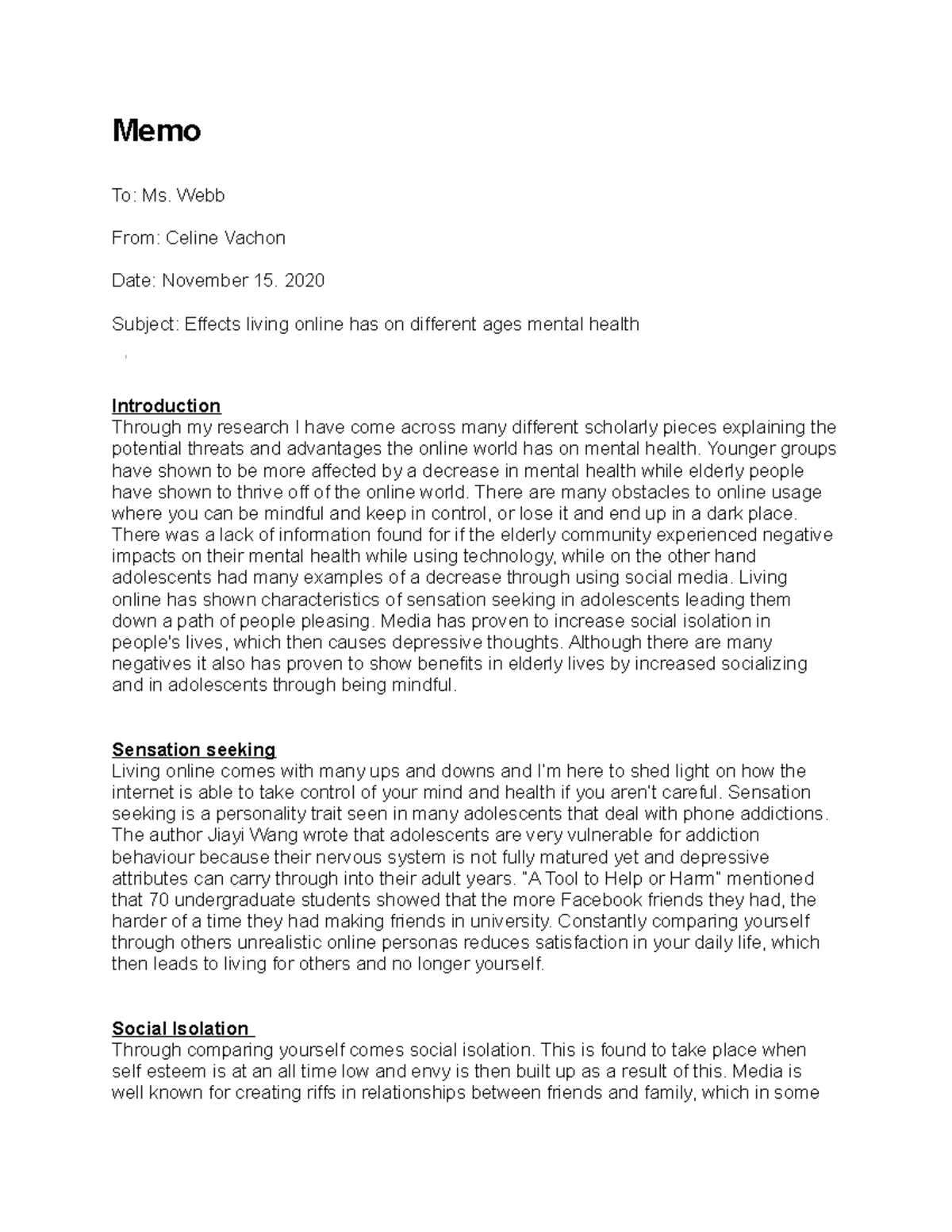 CMNS Research Brief - Memo To: Ms. Webb From: Celine Vachon Date ...