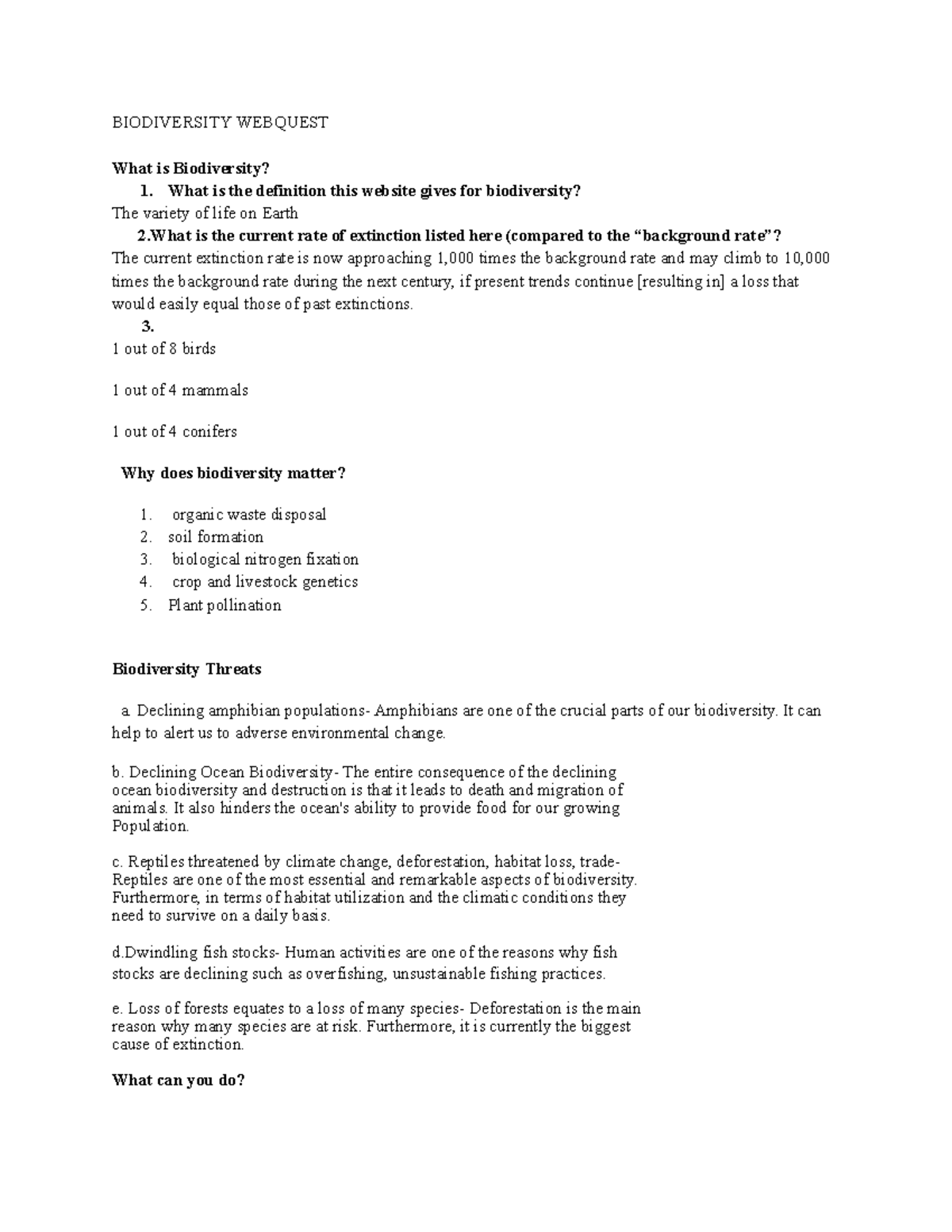 Untitled document - BIODIVERSITY WEBQUEST What is Biodiversity? 1. What ...