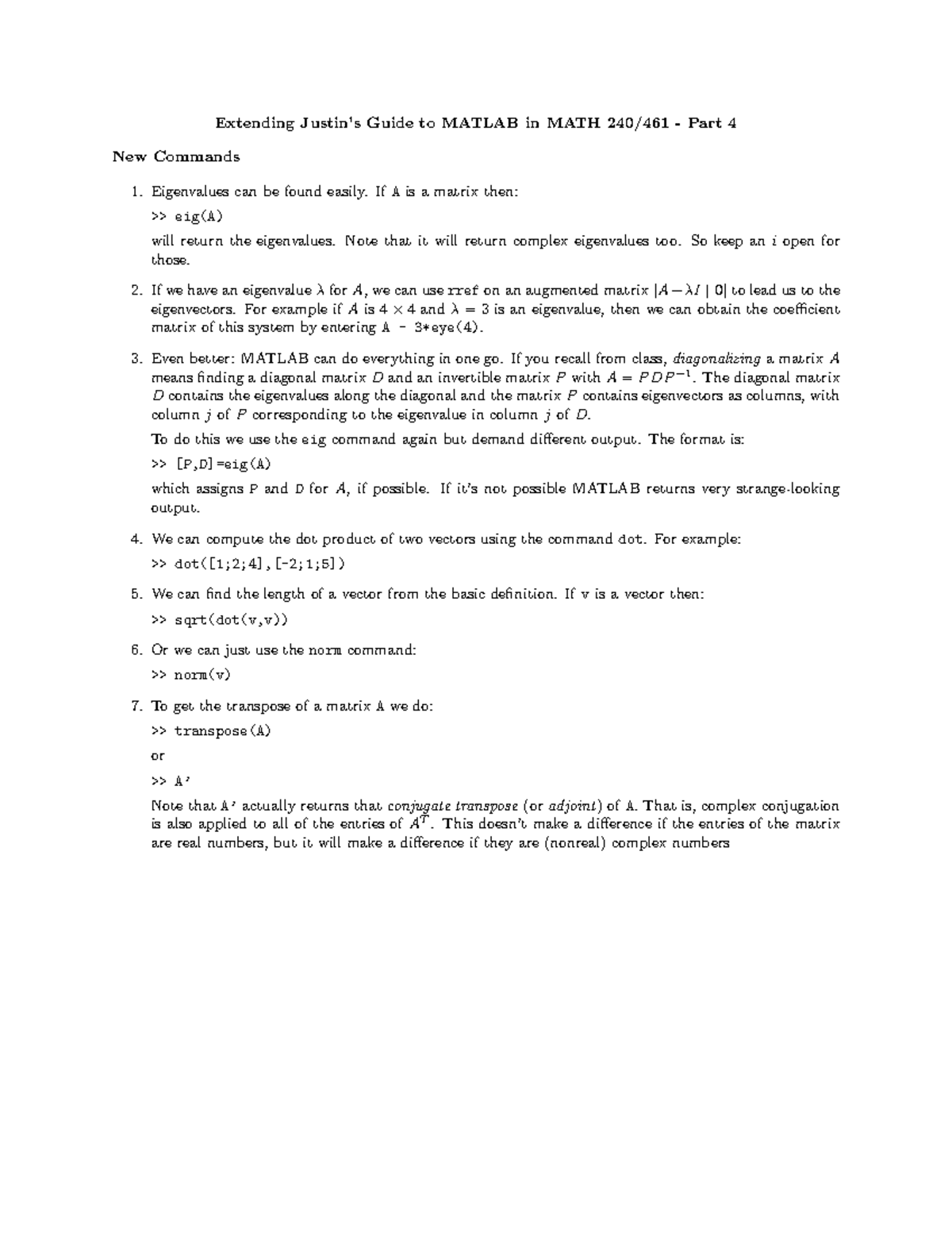 Matlab Project 4 Extending Justins Guide To Matlab In Math 240461 Part 4 New Commands
