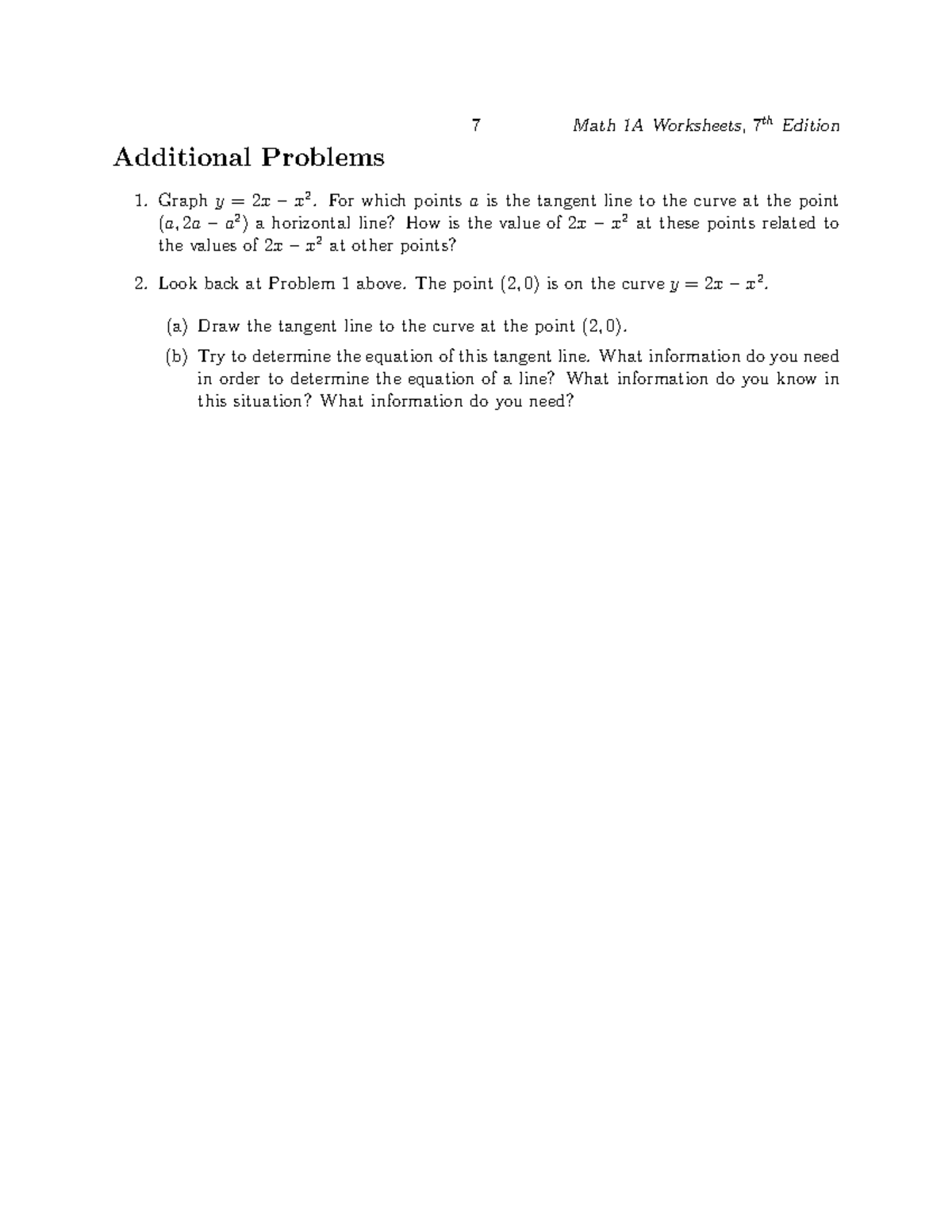 Calculus Practice - 7 Math 1A Worksheets, 7 th Edition Additional ...