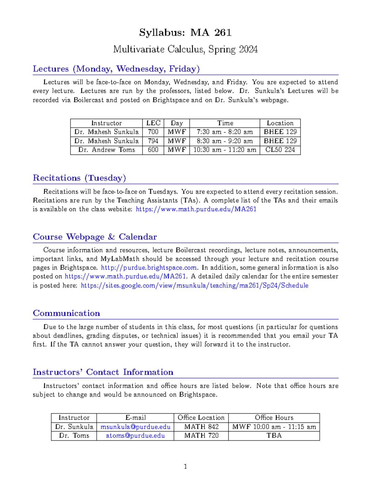 261 syllabus sp24 sunkula - Syllabus: MA 261 Multivariate Calculus, Spring 2024 Lectures (Monday ...