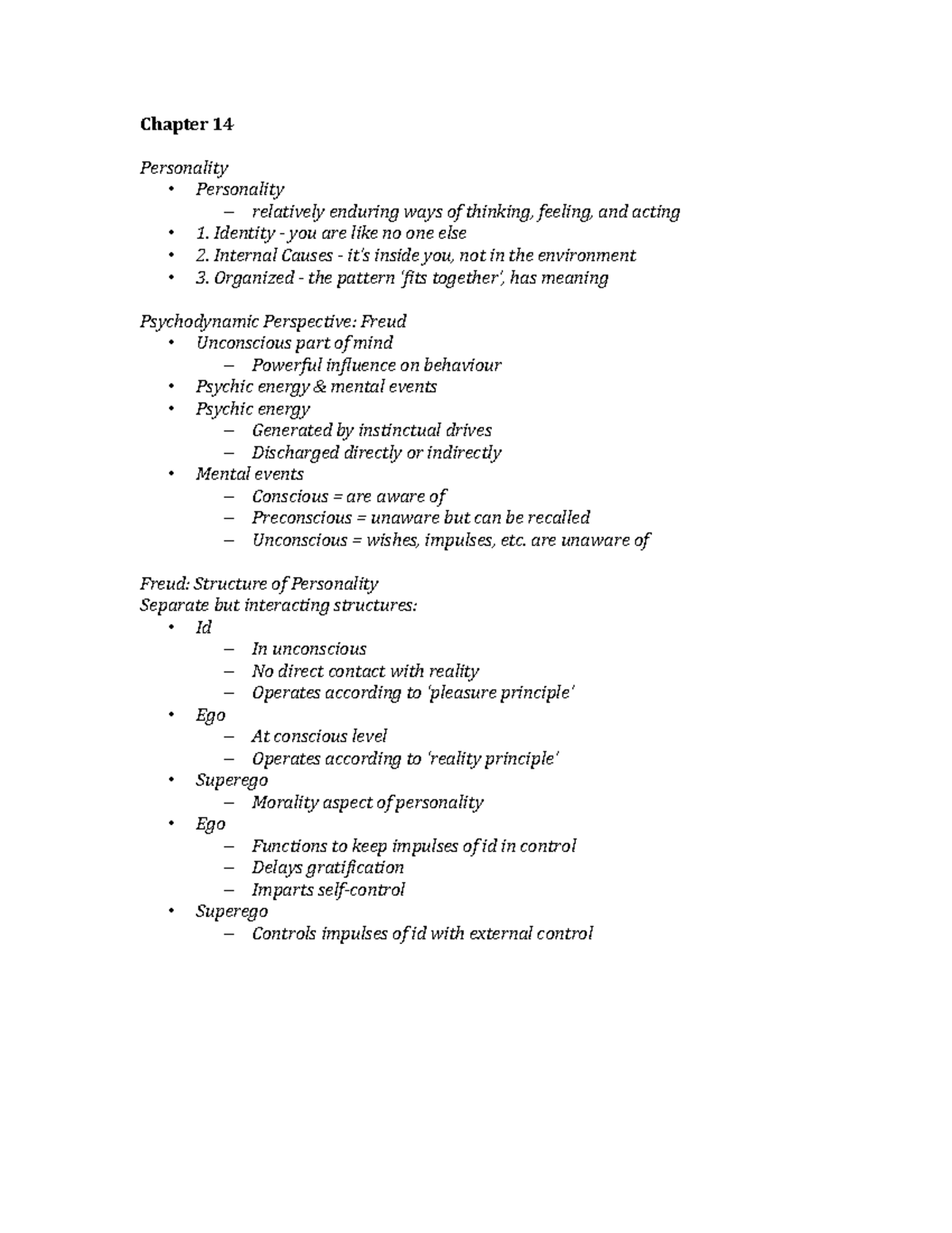 PSYC 102 Ch14 Notes - Chapter 14 Personality - Personality - relatively ...
