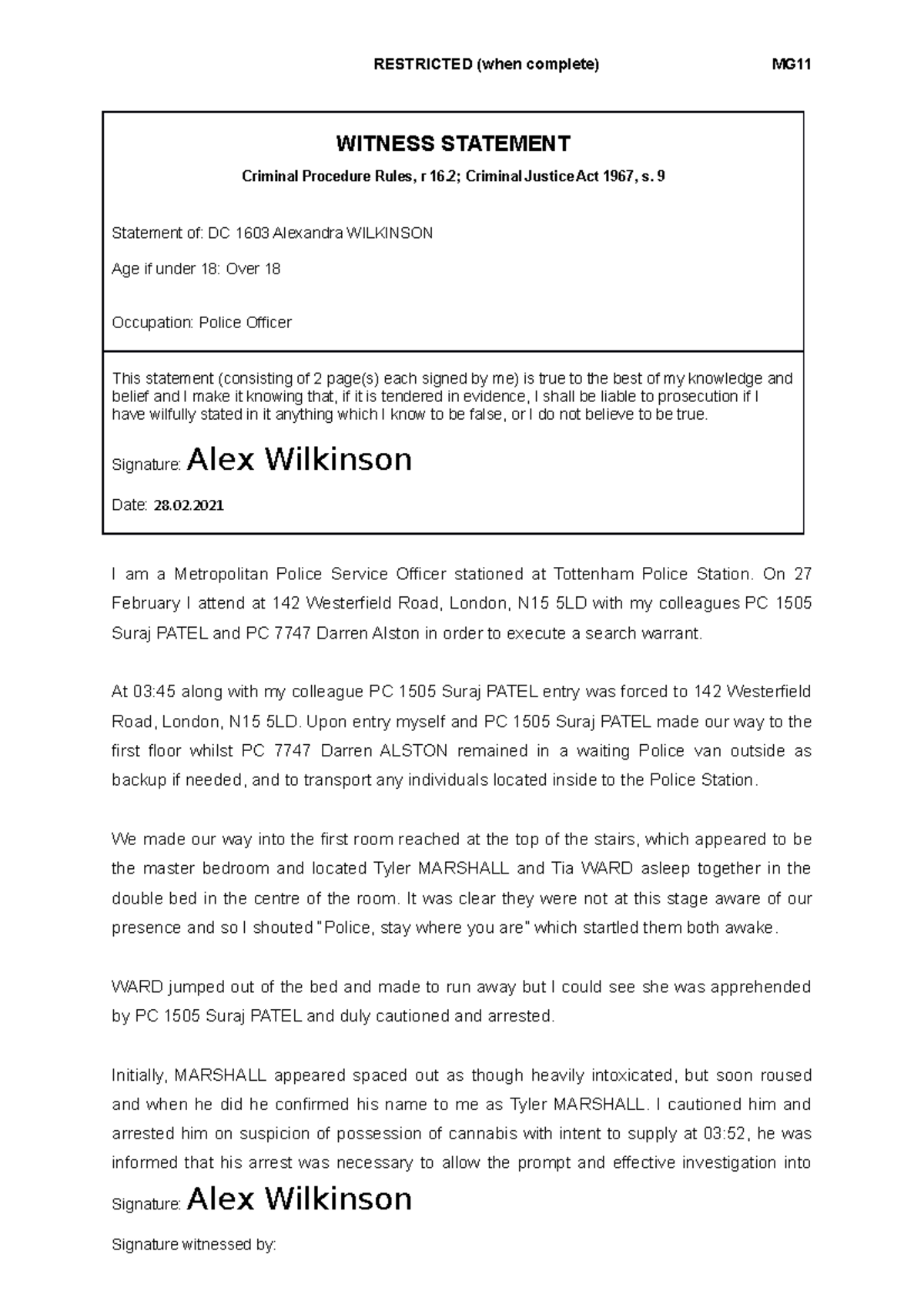 DC Alexandra Wilkinson s.9 Witness Statement (arrest Marshall, property ...