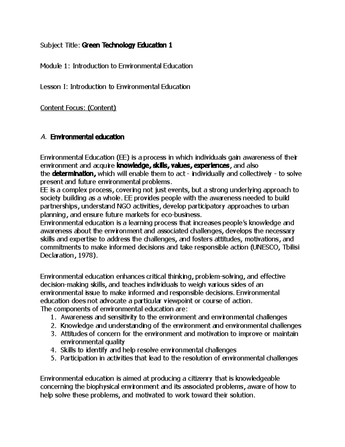 Green Technology ALL Lessons - Subject Title: Green Technology ...