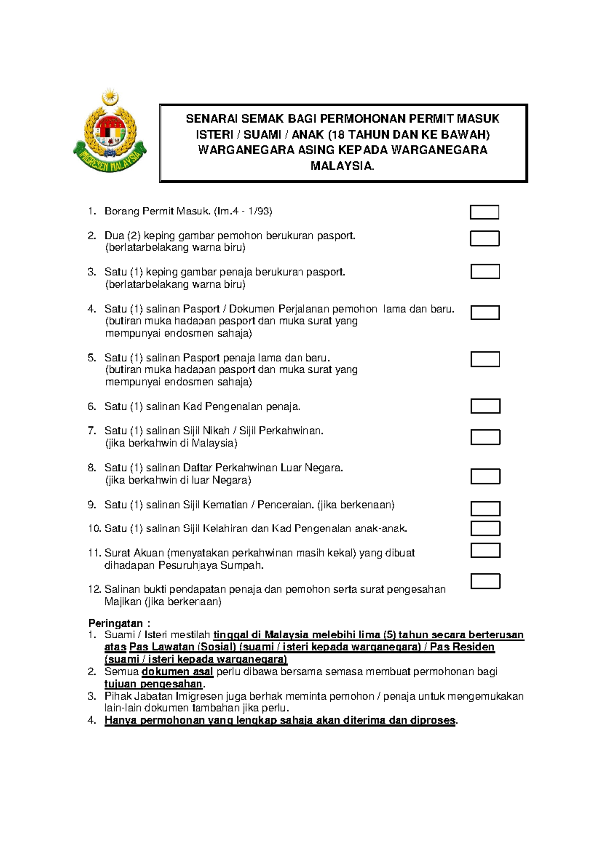Checlist permohonan permit jabatan Imigresen Malaysia - Borang Permit ...